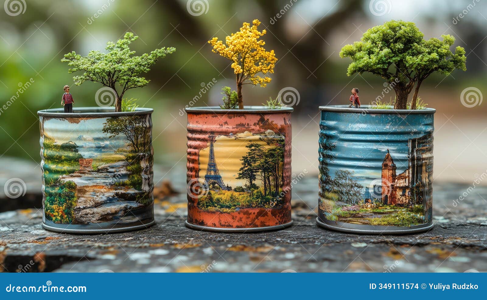 Tilted Tin Cans Featuring Miniature Scenes Stock Photo - Image of ...