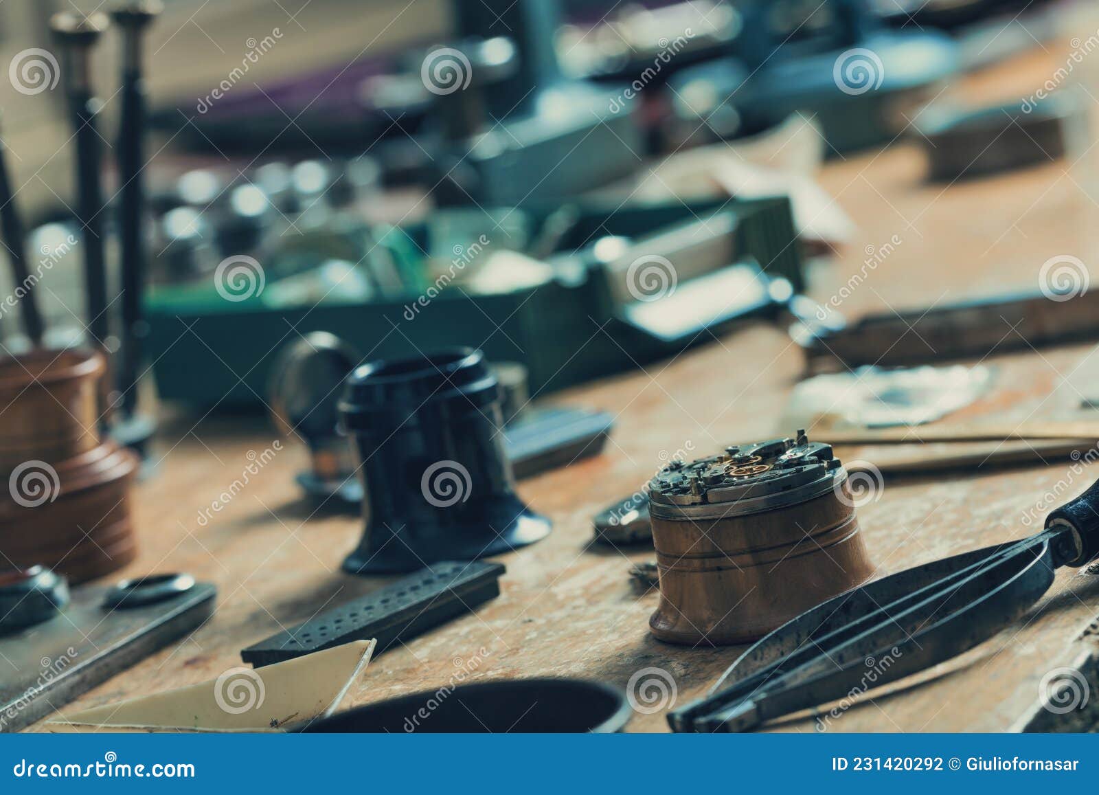 Tilted View of a Watchmakers Workshop and Workbench Stock Photo - Image ...