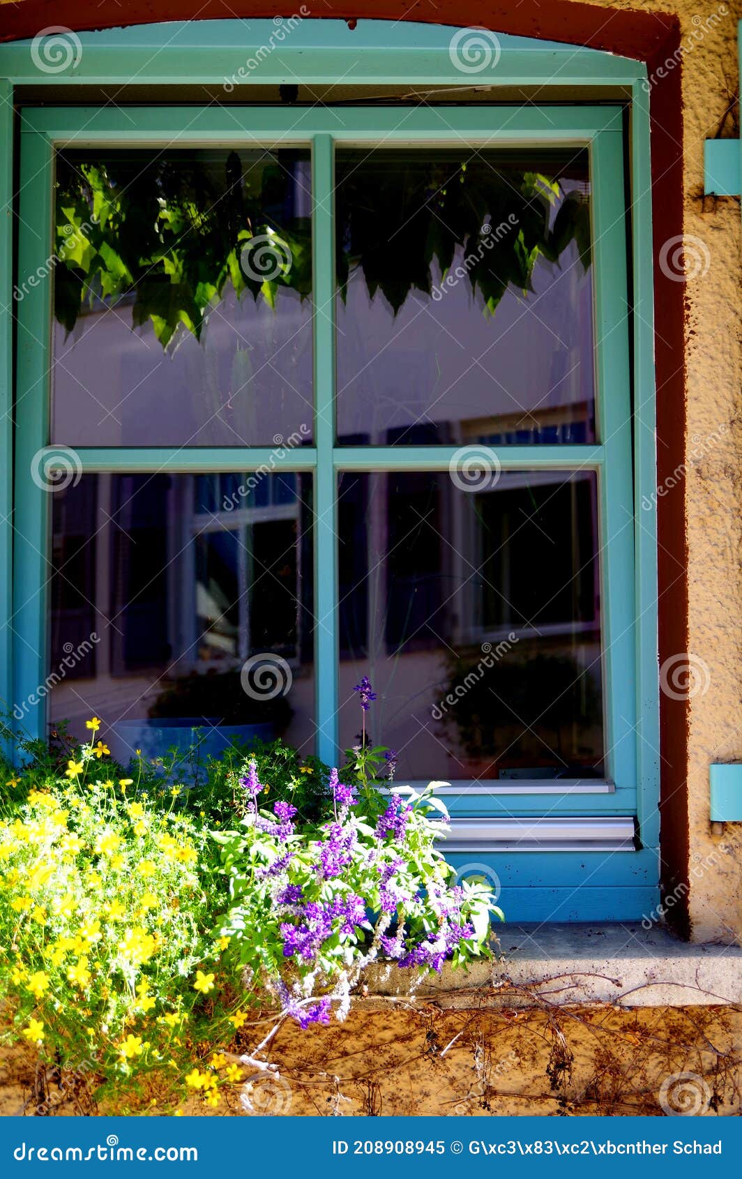 Tilted Window With Turquoise Frame And Cross And A Reflection Stock Image Image Of Facade