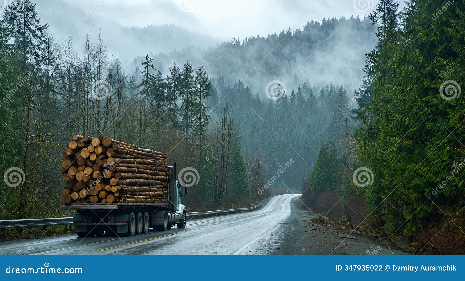 Timber is Being Transported by a Logging Truck on a Forest Path Covered ...