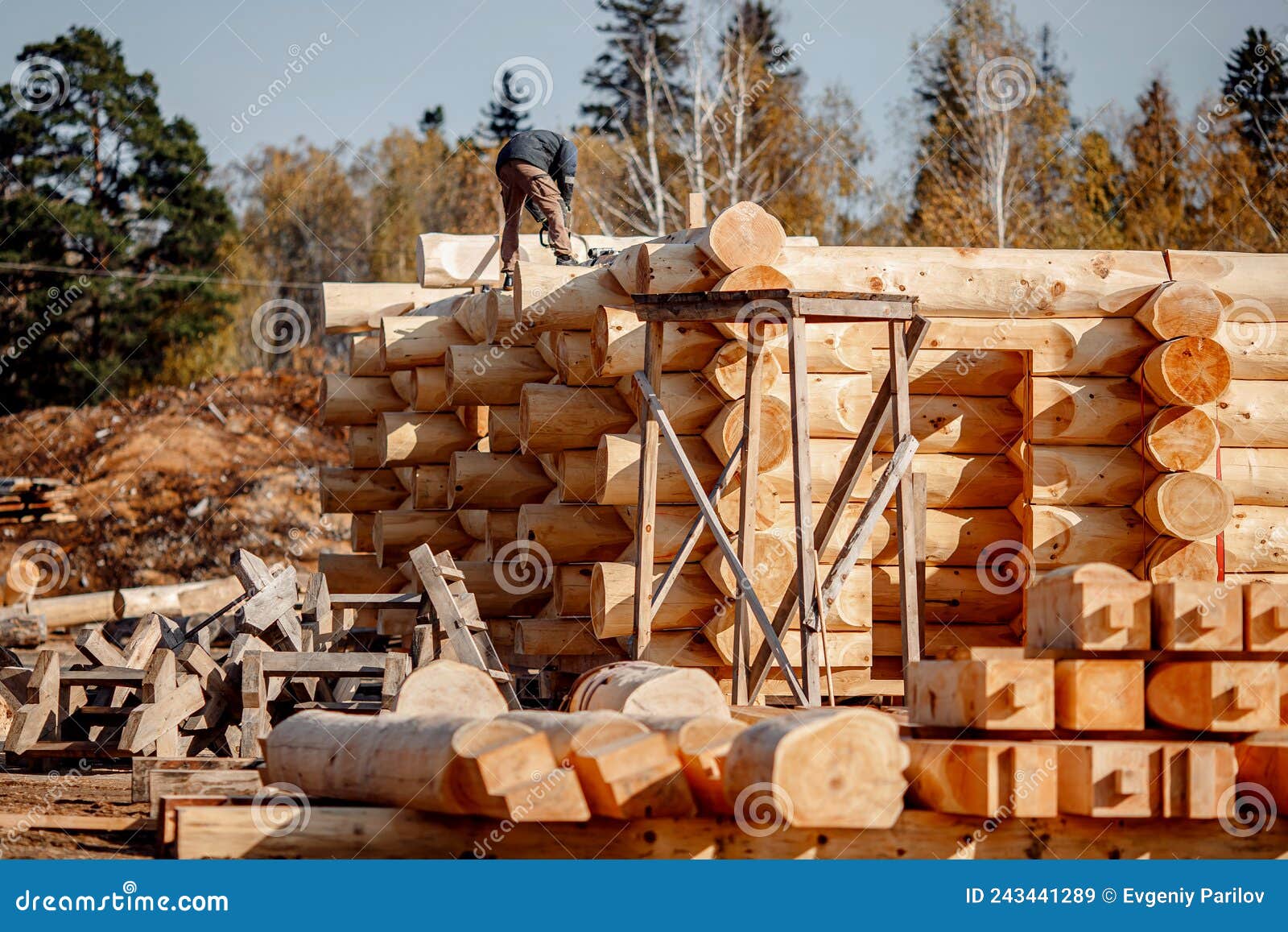 Timber Building House Construction Circle Log with Blue Sky Sun Light ...