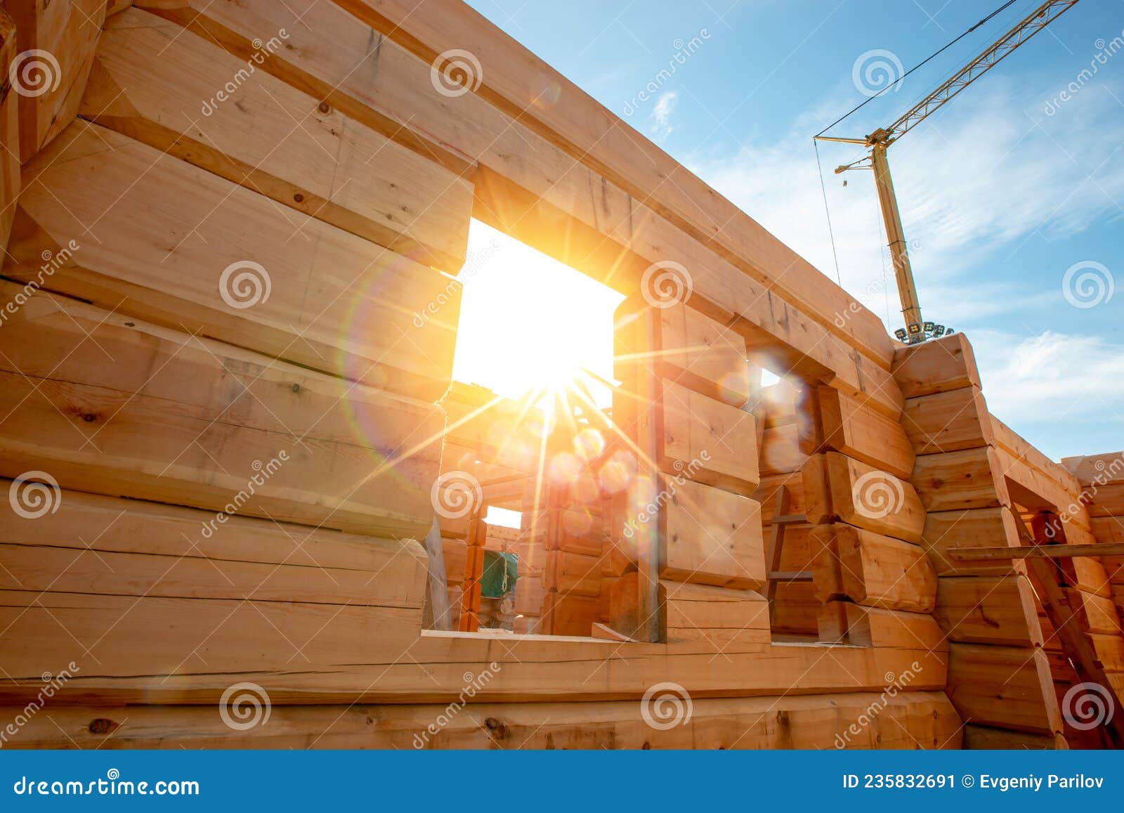 Timber Building House Construction Log with Blue Sky Sun Light Stock ...