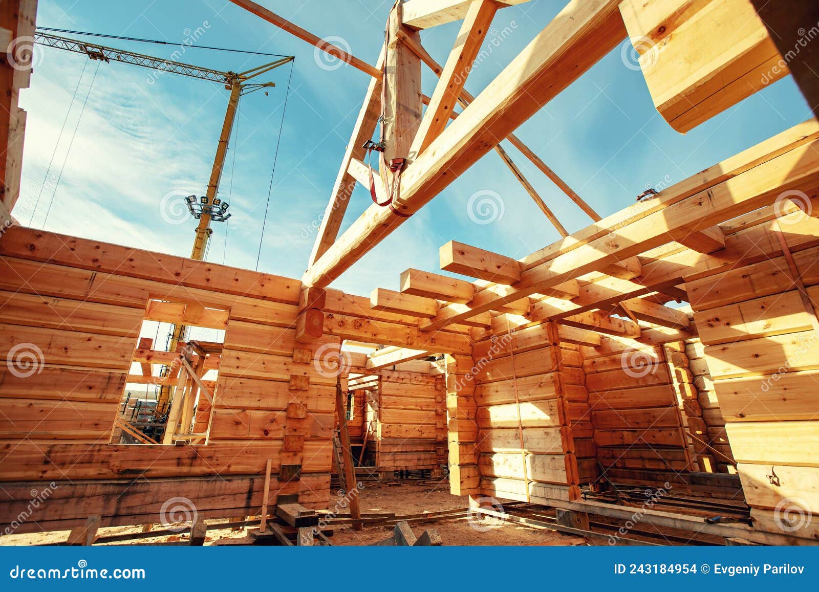 Timber Building House Construction Log with Blue Sky Sun Light Stock ...