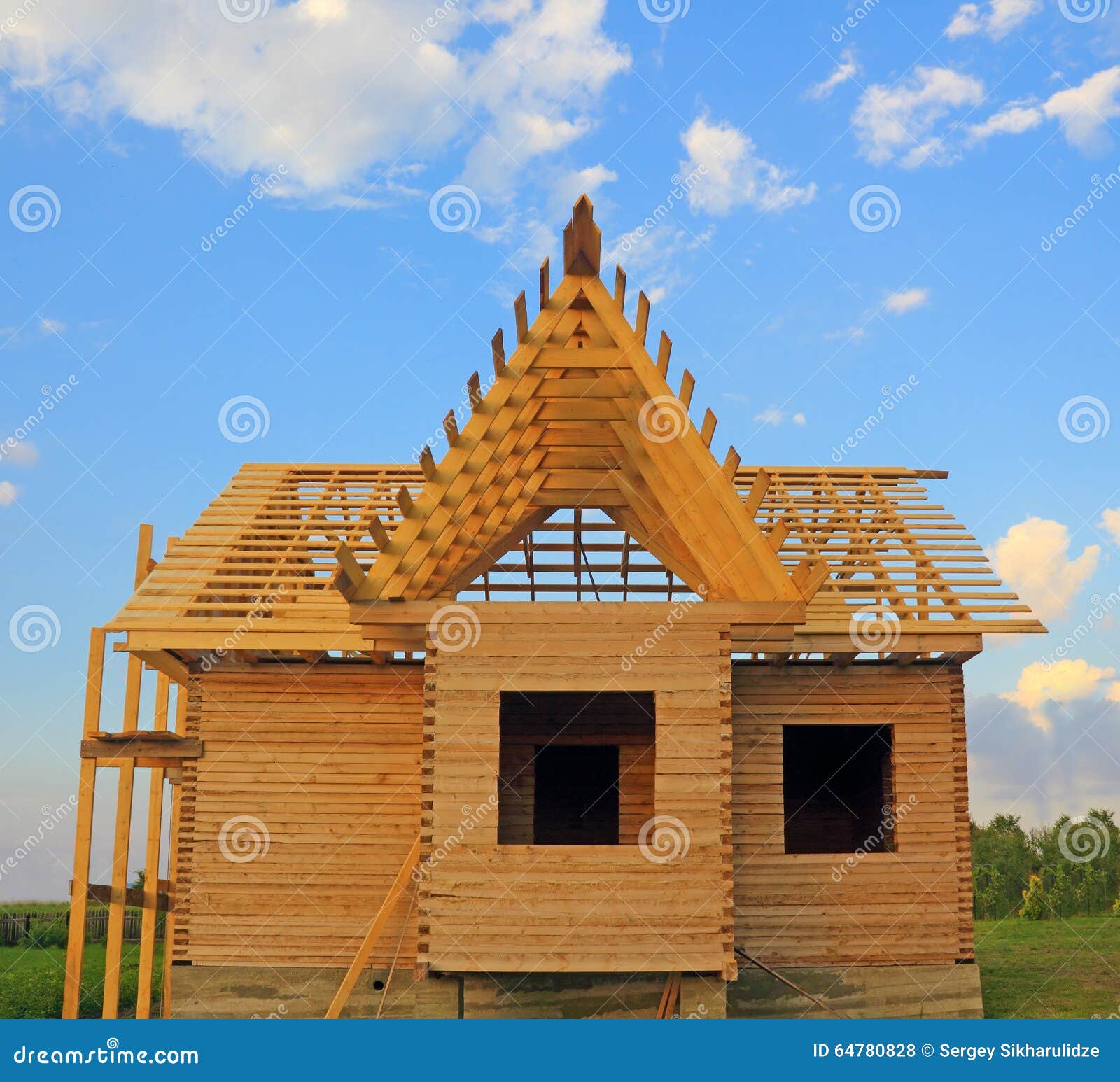 Timber House Under Constructoin with Roof Frame Front View Stock Photo ...