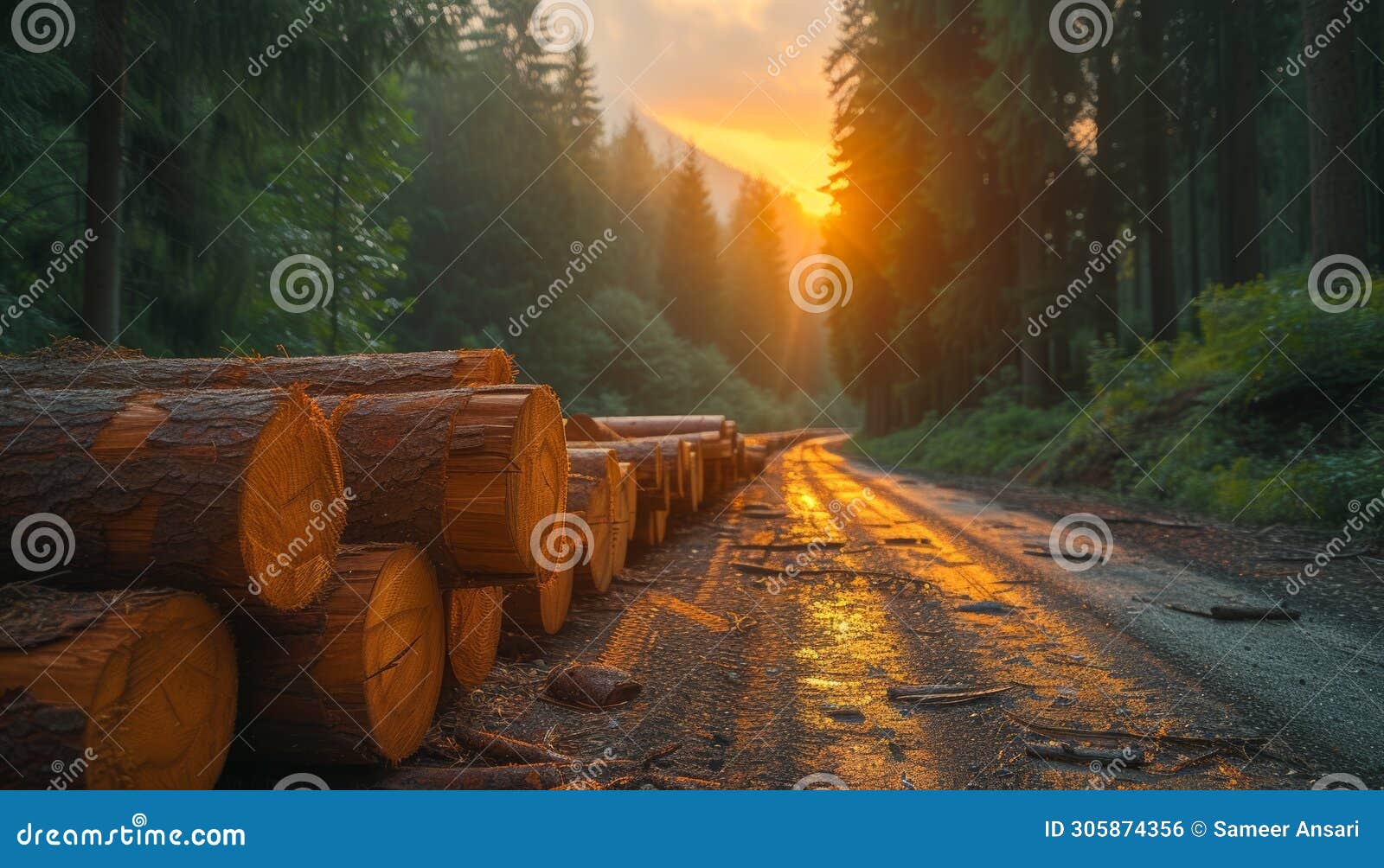 Timber Industry Road with Logs Basking in the Forest Sun Capturing the ...