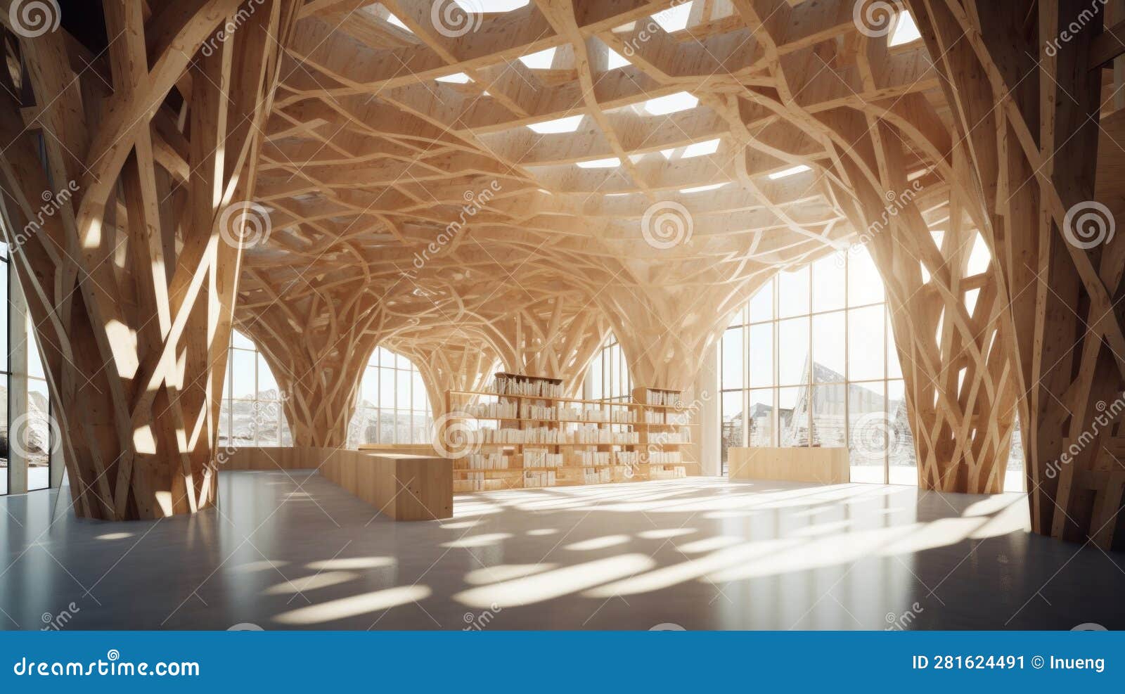 Timber Library Structures in a Parametric Design. Generative AI Stock ...