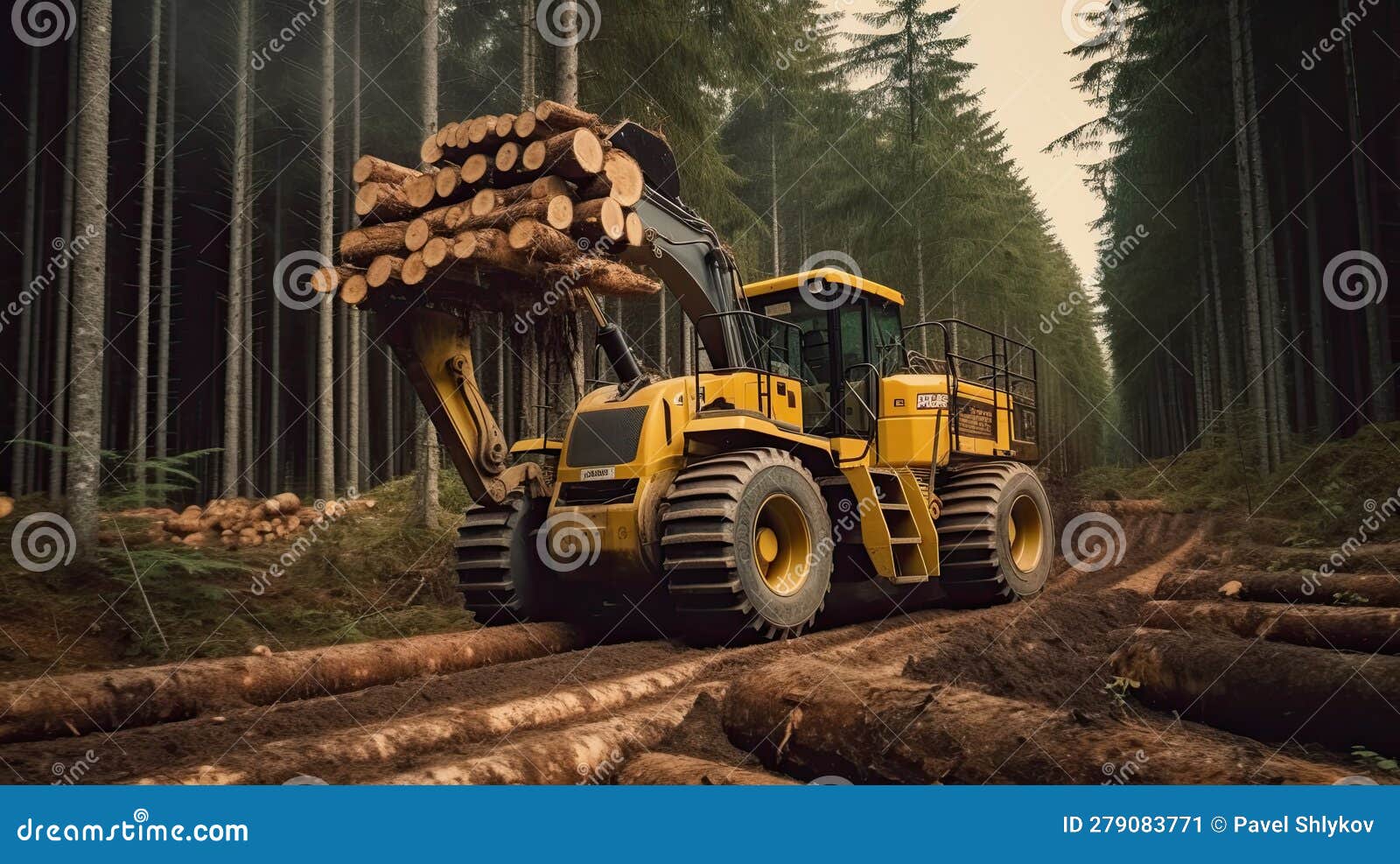 Timber Loader, Log Stacks Along Forest Road Stock Image - Image of ...