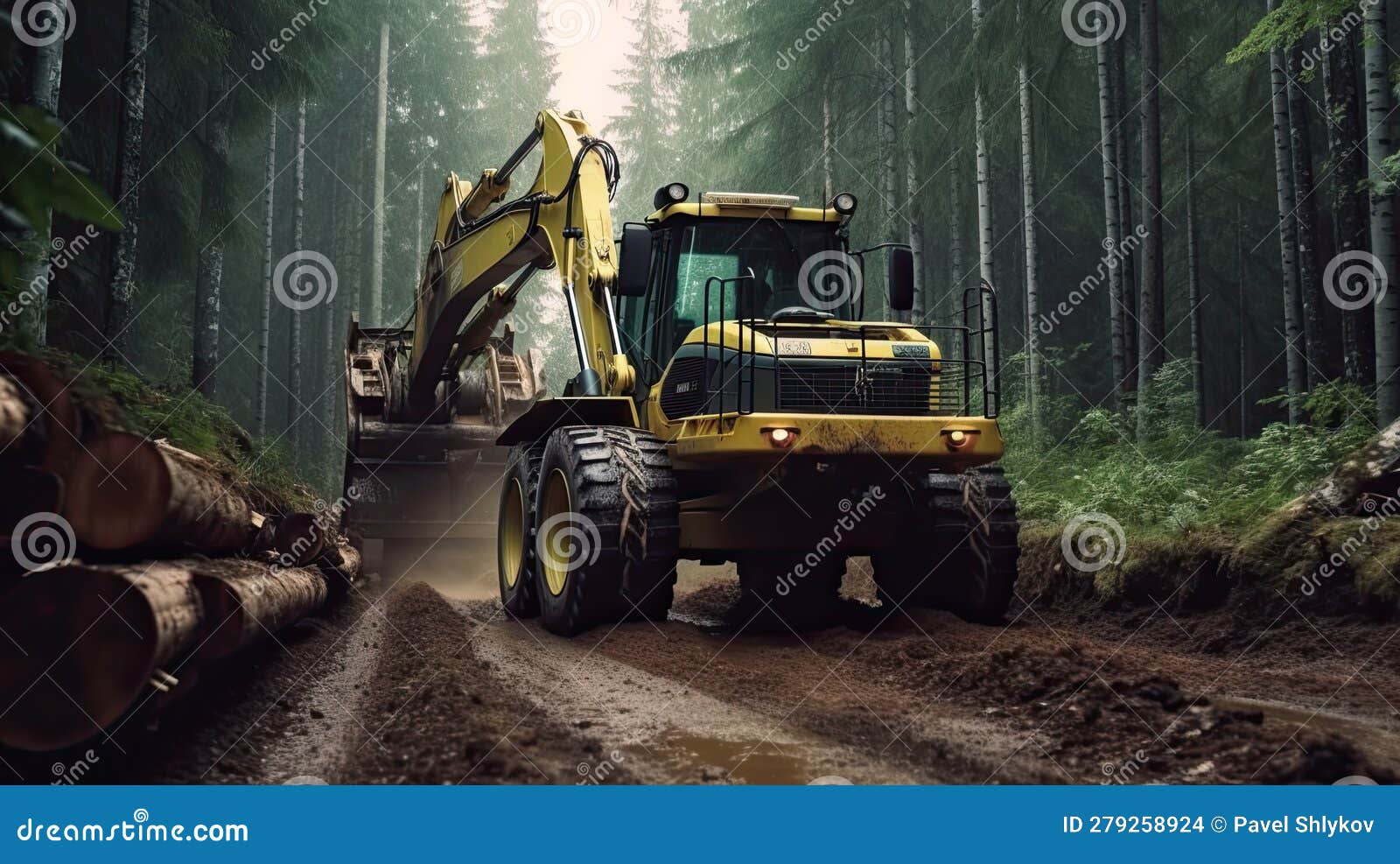 Timber Loader, Log Stacks Along Forest Road Stock Illustration ...
