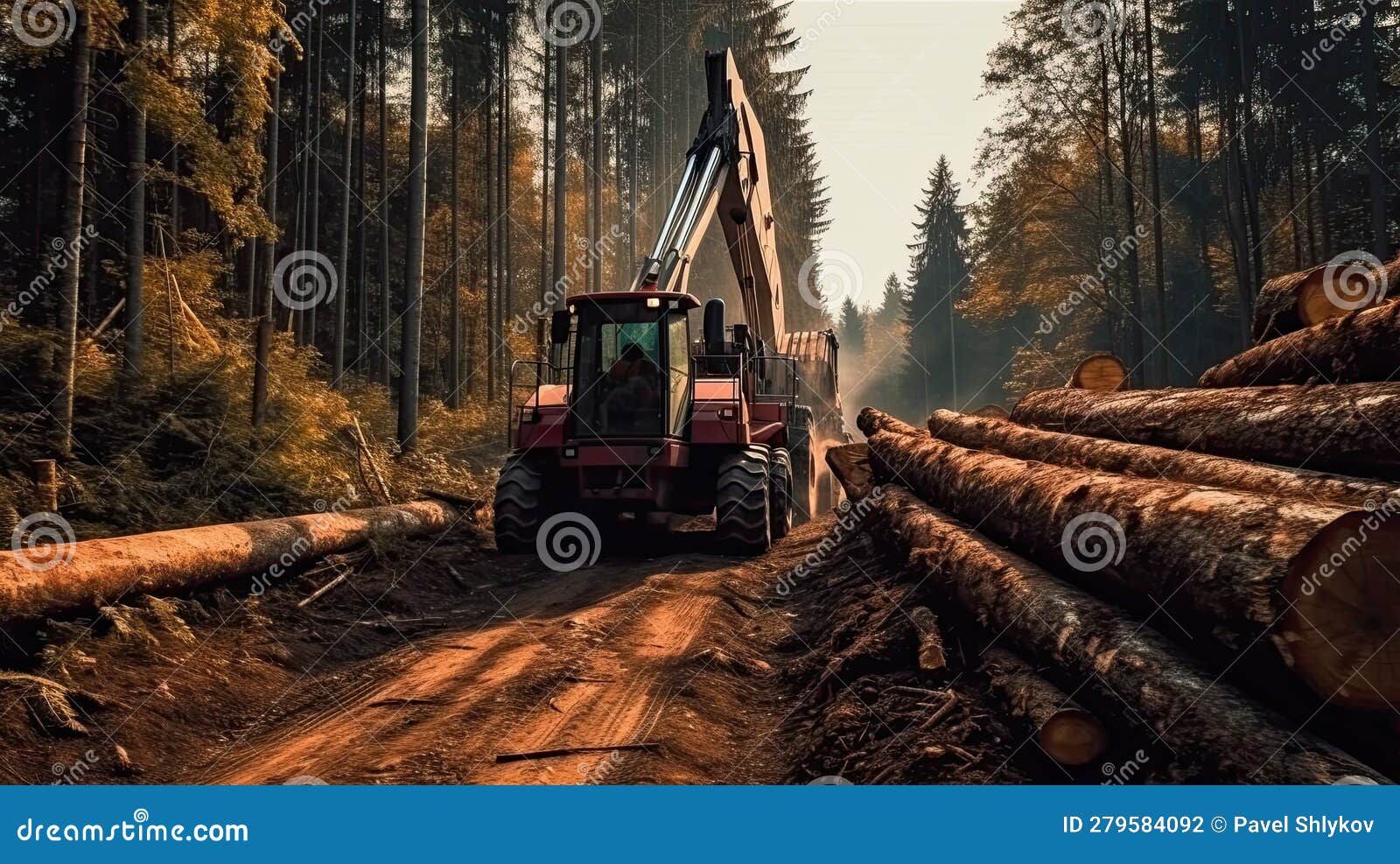 Timber Loader, Log Stacks Along Forest Road Stock Photo - Image of ...