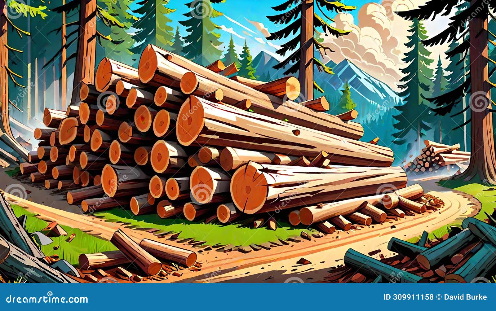 Timber Logging Camp Work Log Stack Forest High Mountain Cartoon Stock ...