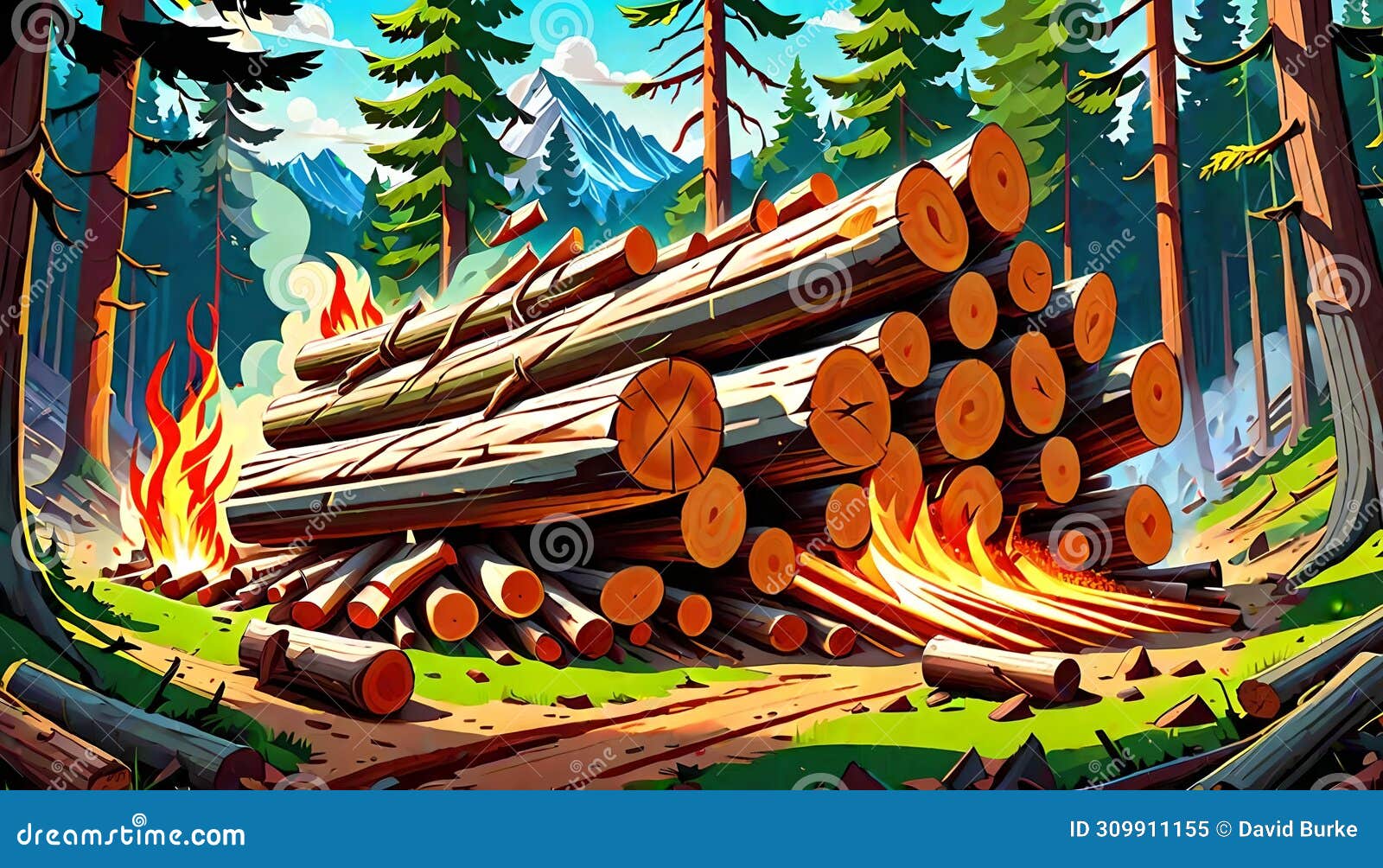 Timber Logging Work Log Stack Forest Fire Burning Destruction Cartoon ...