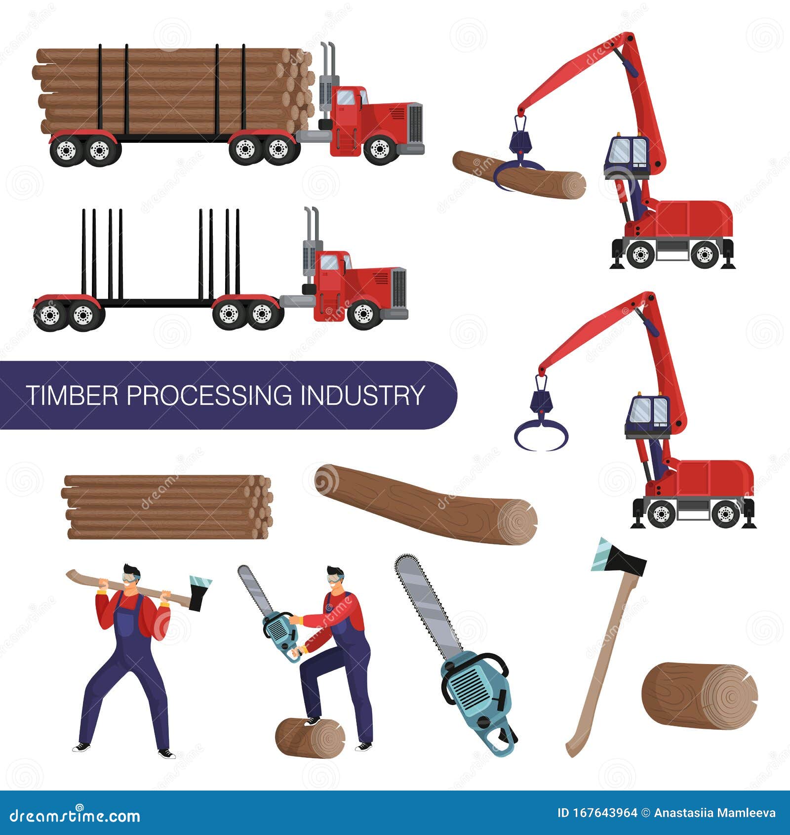 Timber Processing Industry. Special Equipment and Workers. Icon Set ...
