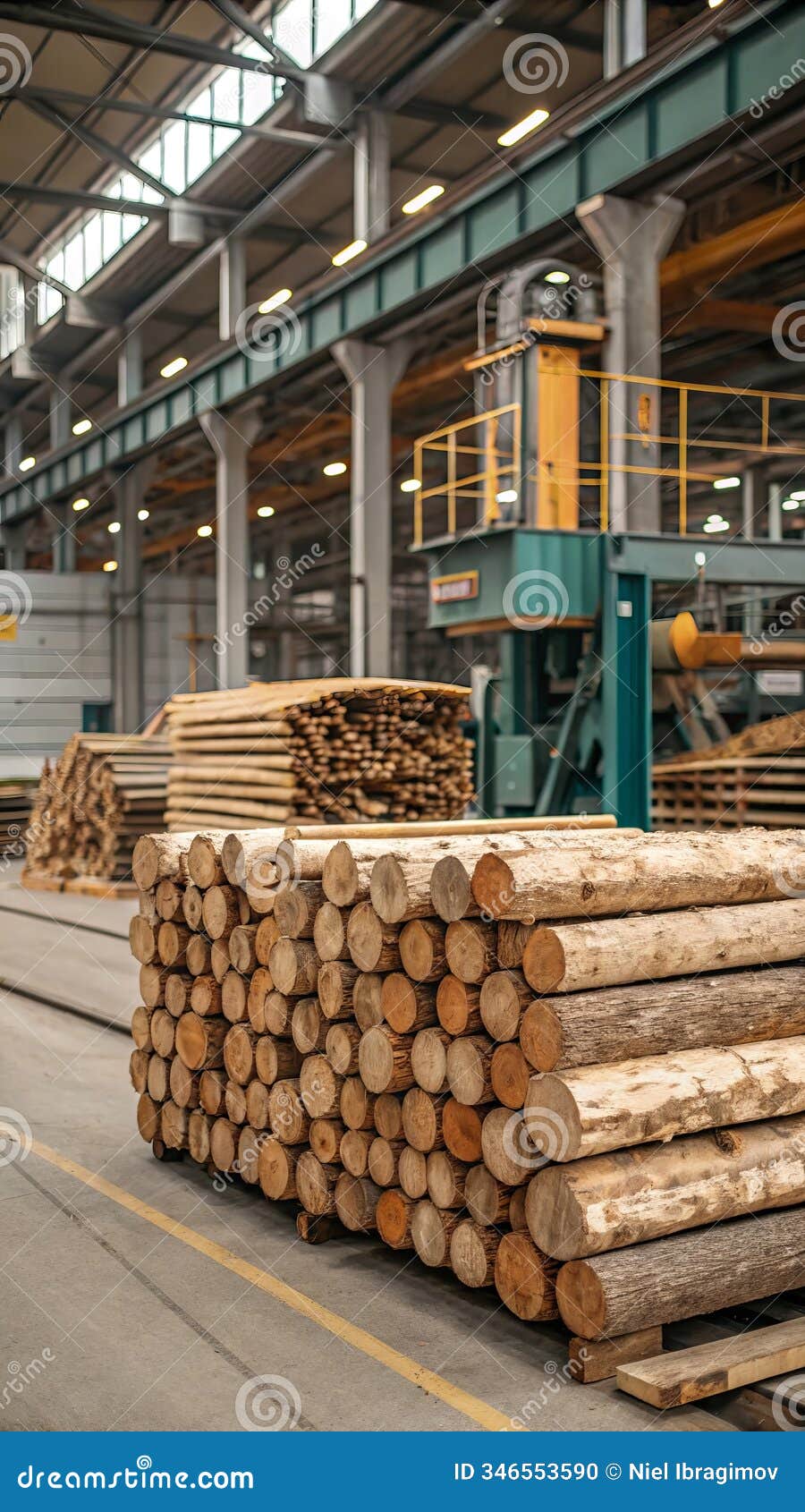 Timber Processing Plant with Stacked Logs and Modern Machinery Inside ...