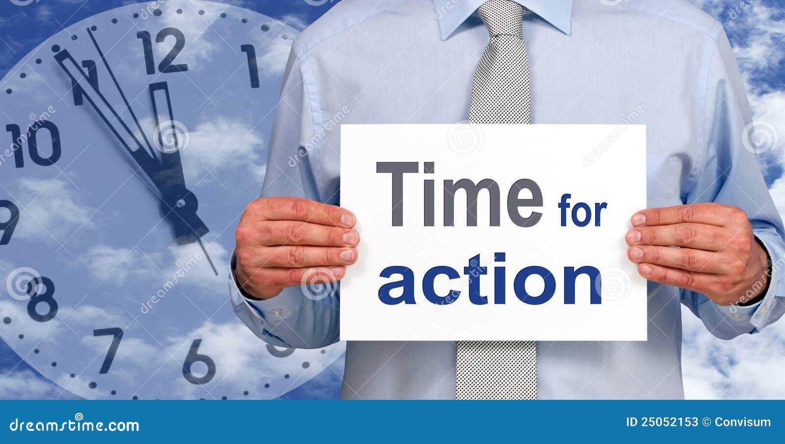 Time for action stock image. Image of clock, clouds, person - 25052153