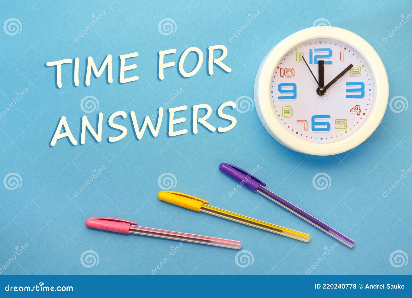 TIME for ANSWERS - Lettering on a Blue Background and Clock Stock Photo ...