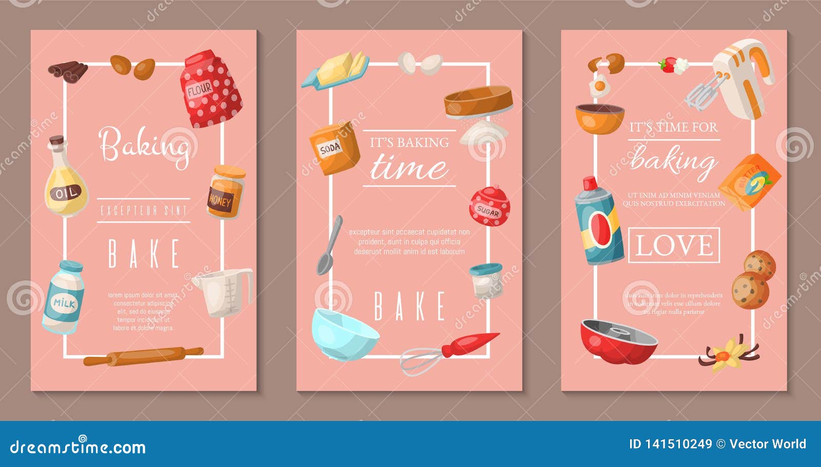 Time for Baking Set of Banners. Baking Ingredients and Kitchen Tools ...