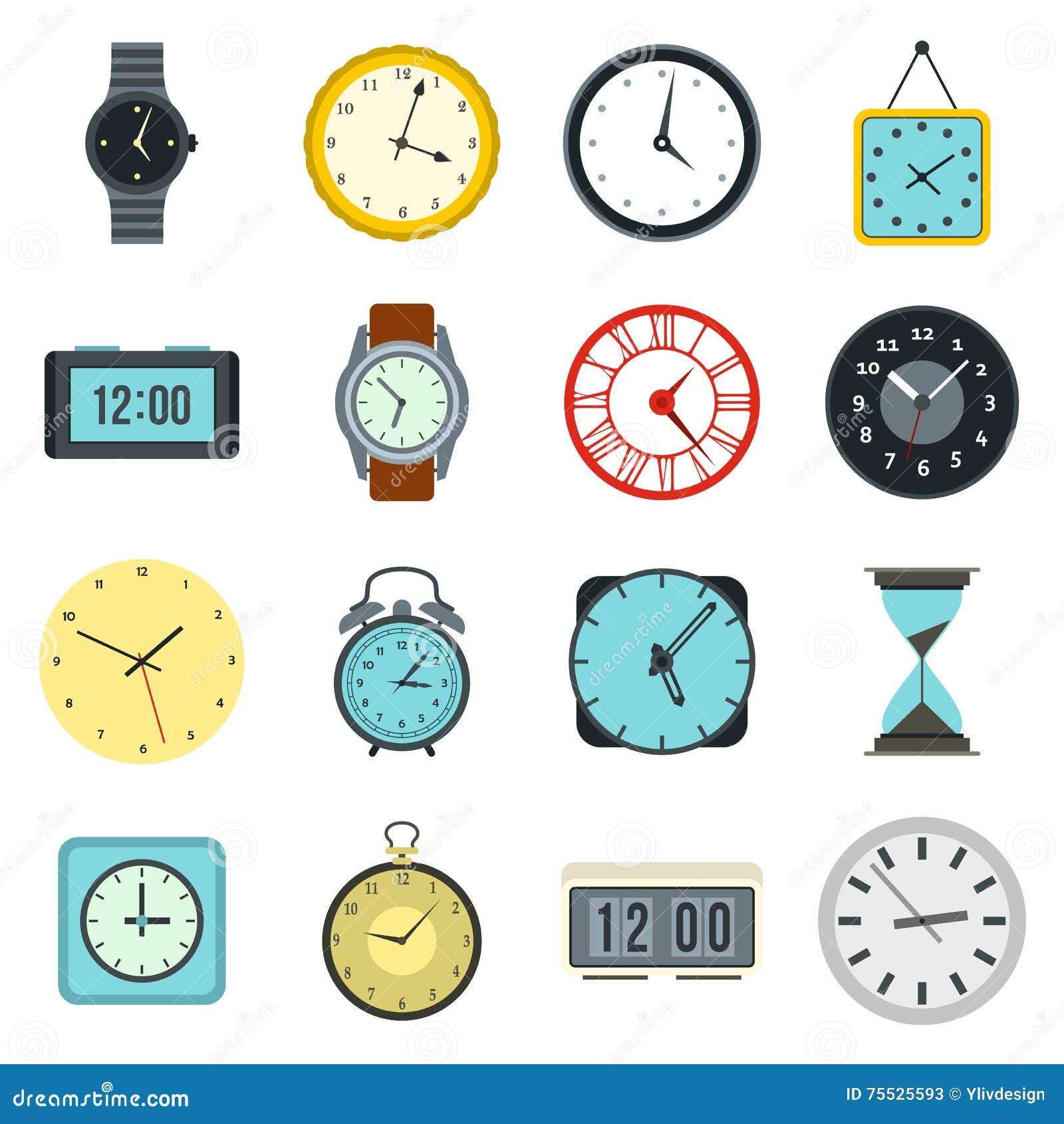 Time and Clock Icons Set, Flat Style Stock Vector - Illustration of ...