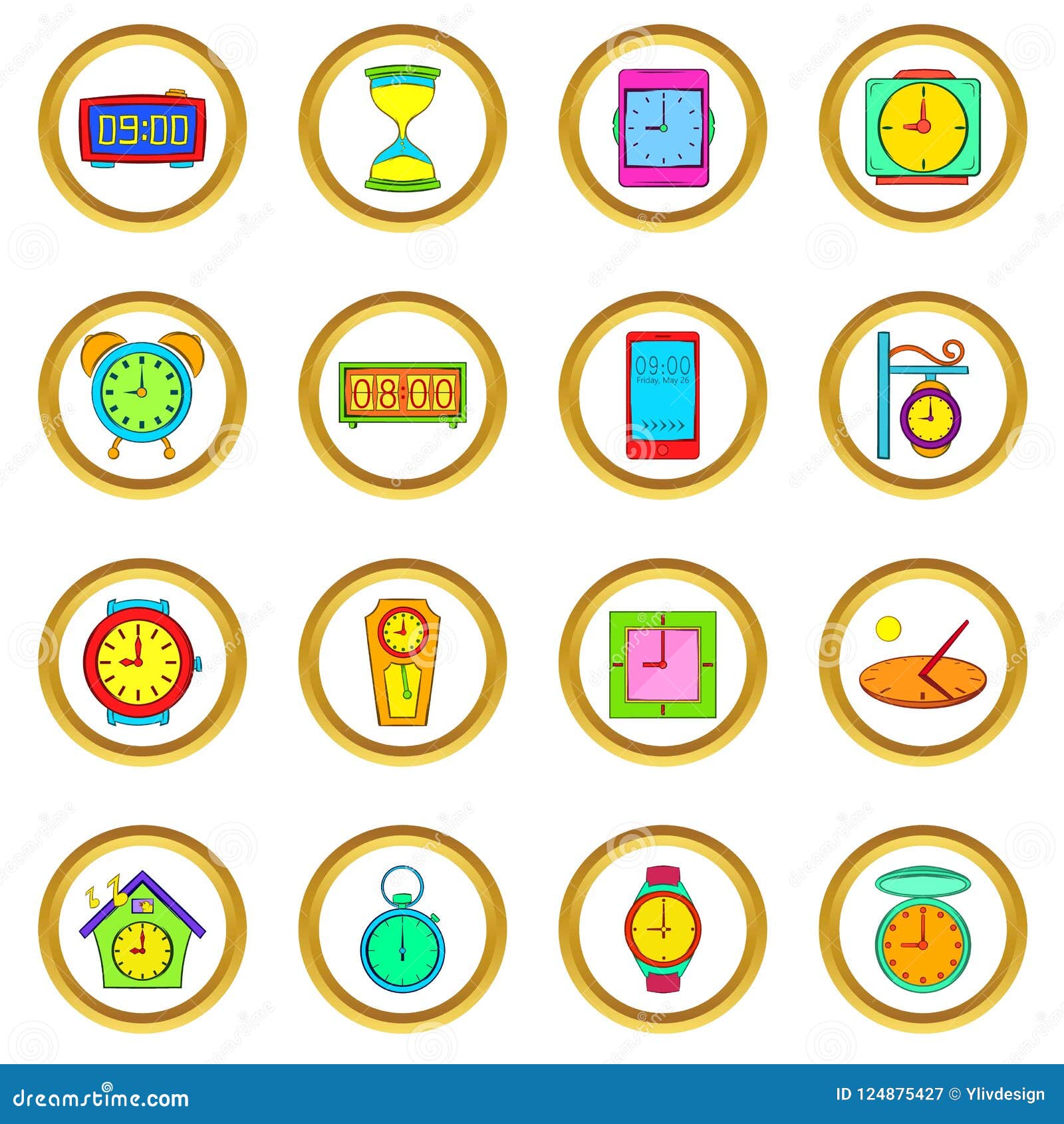 Time and Clock Set, Cartoon Style Stock Illustration - Illustration of ...