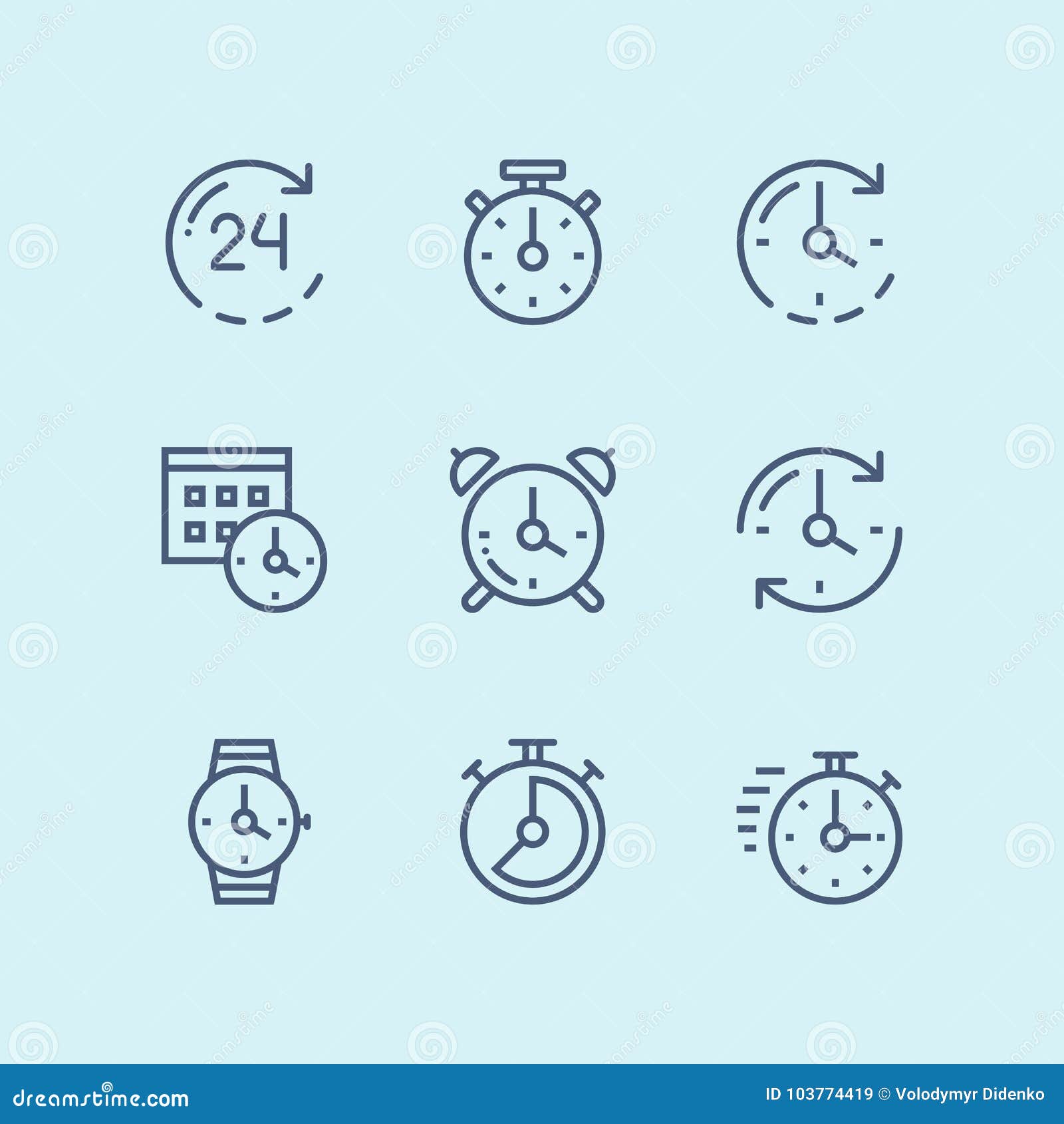 Blue Set of Time, Clock, Watch, Timer Vector Simple Outline Icons for ...