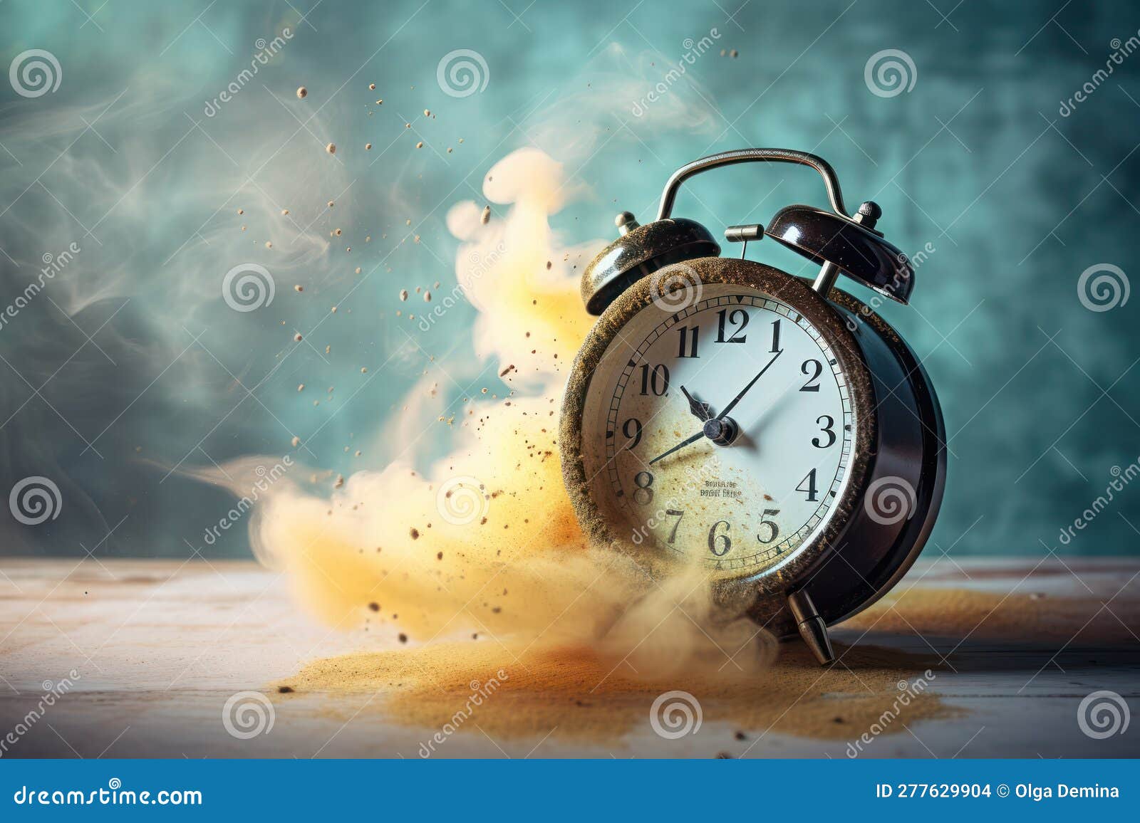 Time Concept, Retro Alarm Clock Dissolving into Dust, Symbolizing the ...