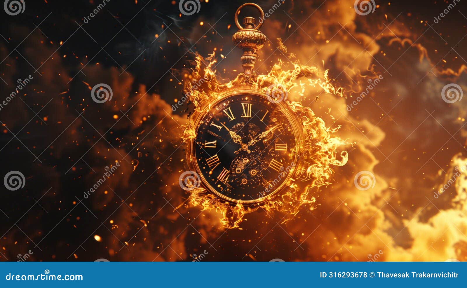 Time Falling Apart: Burning Clock in Space Stock Illustration ...
