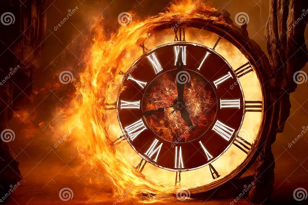 Burning Clock, Time on Fire in Striking Photo, AI Generated Stock ...