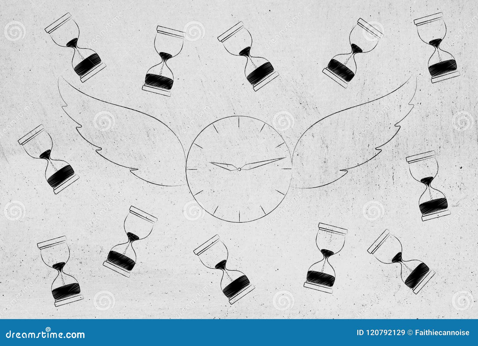 Time Flies Clock with Wings Surrounded by Hourglasses Stock ...