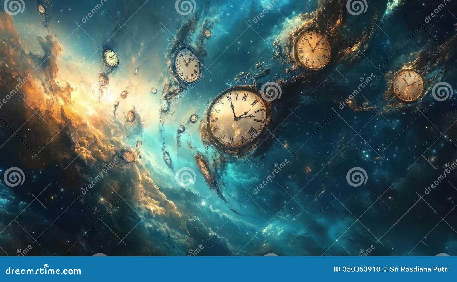 Time Flows through Space, a Cosmic Clock Journey Stock Illustration ...