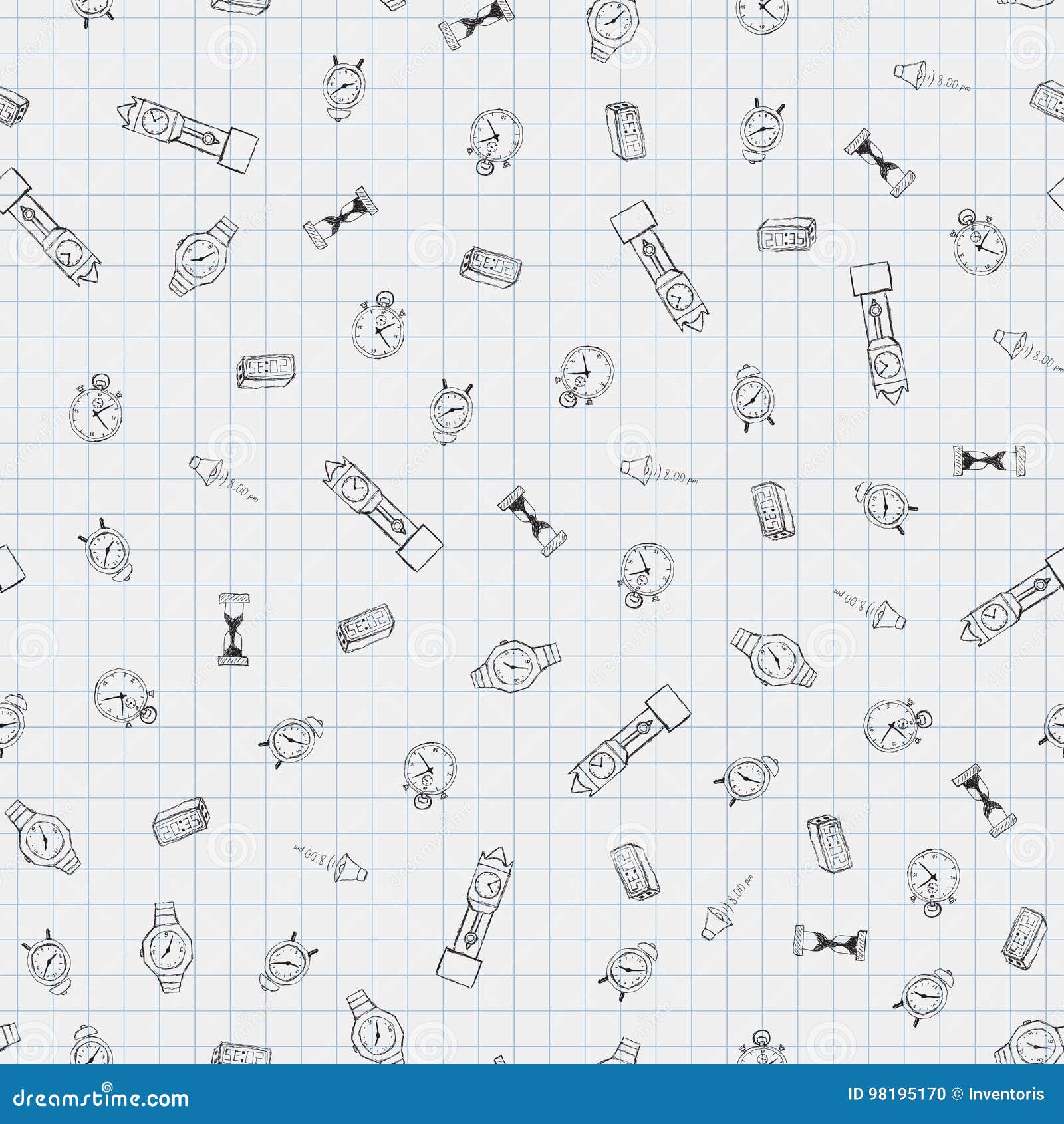 Time Hand Drawn Seamless Pattern Background Stock Vector - Illustration ...