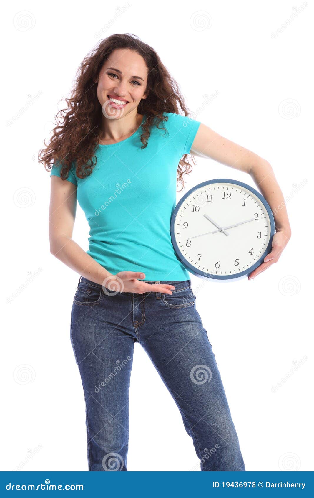 On Time Happy Brunette Woman with Large Clock Stock Photo - Image of ...