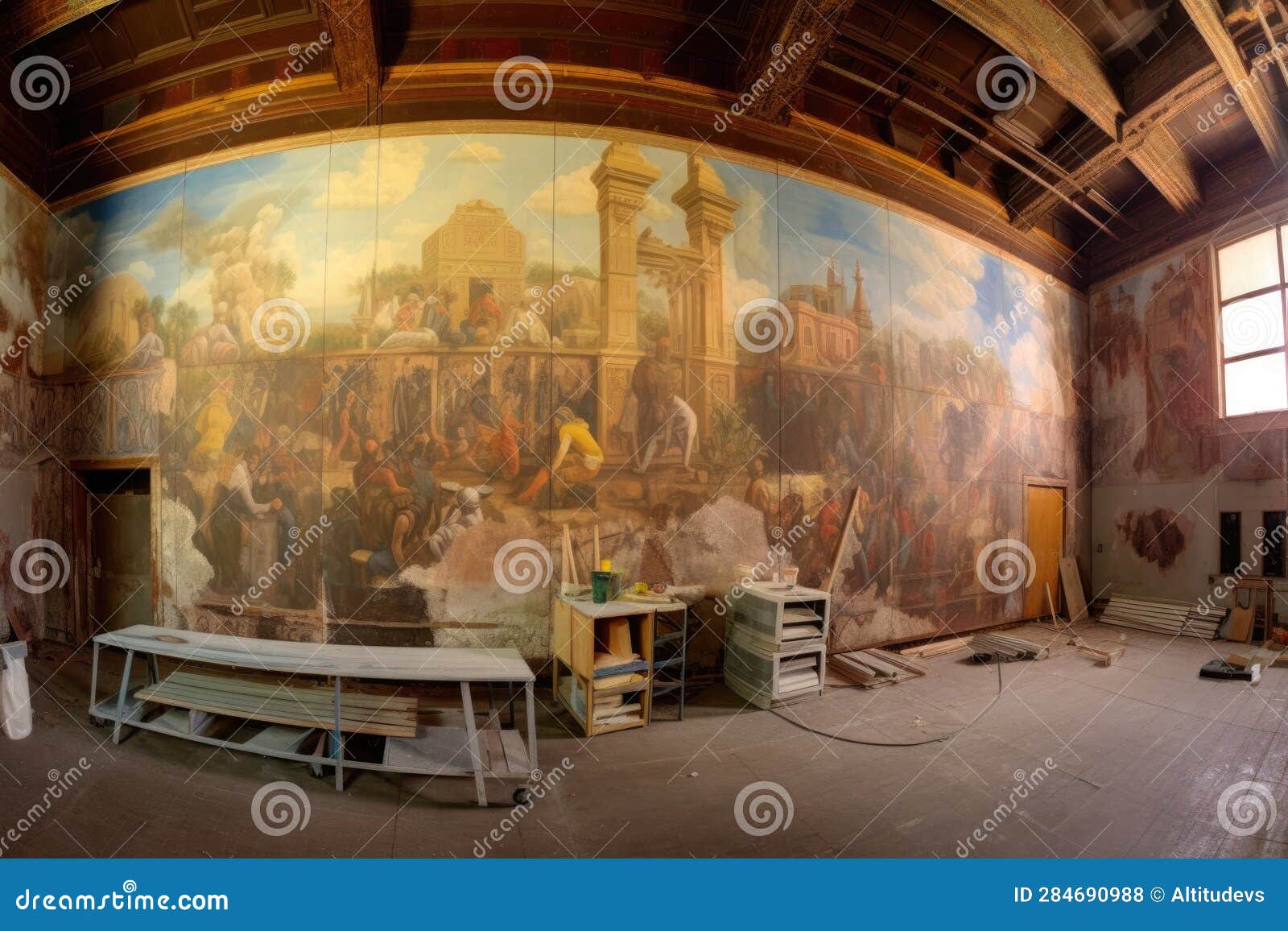 Time-lapse Sequence of Mural Restoration Process Stock Illustration ...