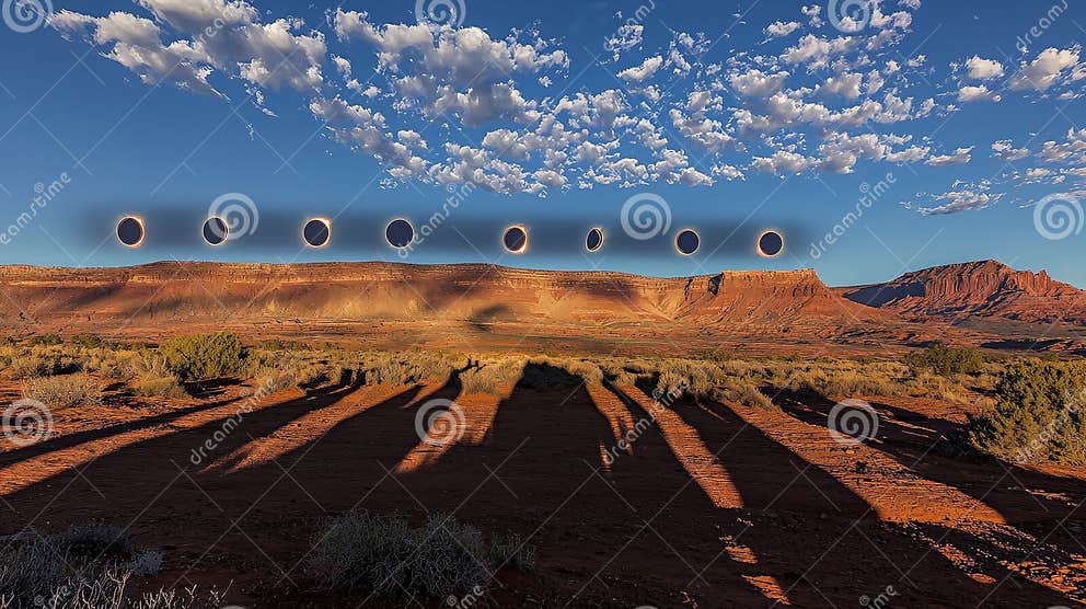 A Time-lapse Sequence of a Solar Eclipse Over a Desert Landscape Stock ...