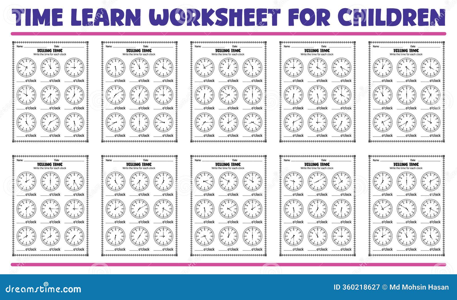 Time Learn Worksheets for Children Homework Stock Vector - Illustration ...