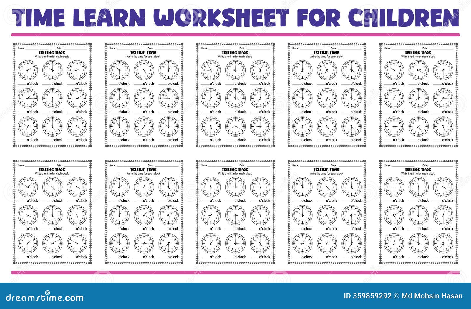 Time Learning Worksheets for Children Stock Vector - Illustration of ...