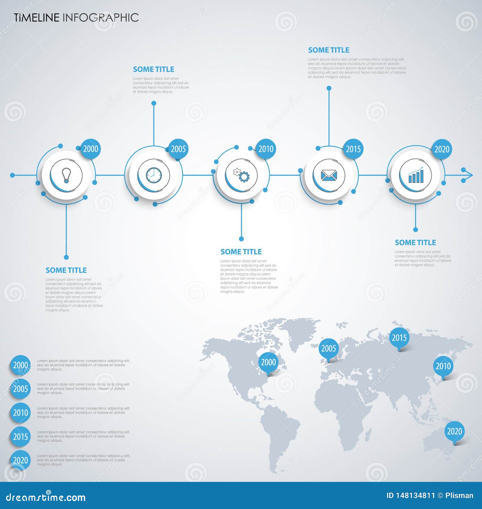 Time Line Info Graphic with Abstract Round Pointers and Map Stock ...