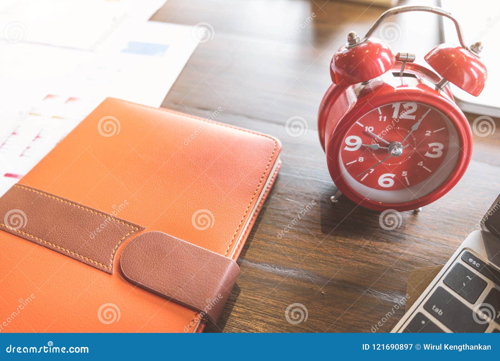 Time Management Concept, Alarm Clock,notebooke and Computer Laptop on ...