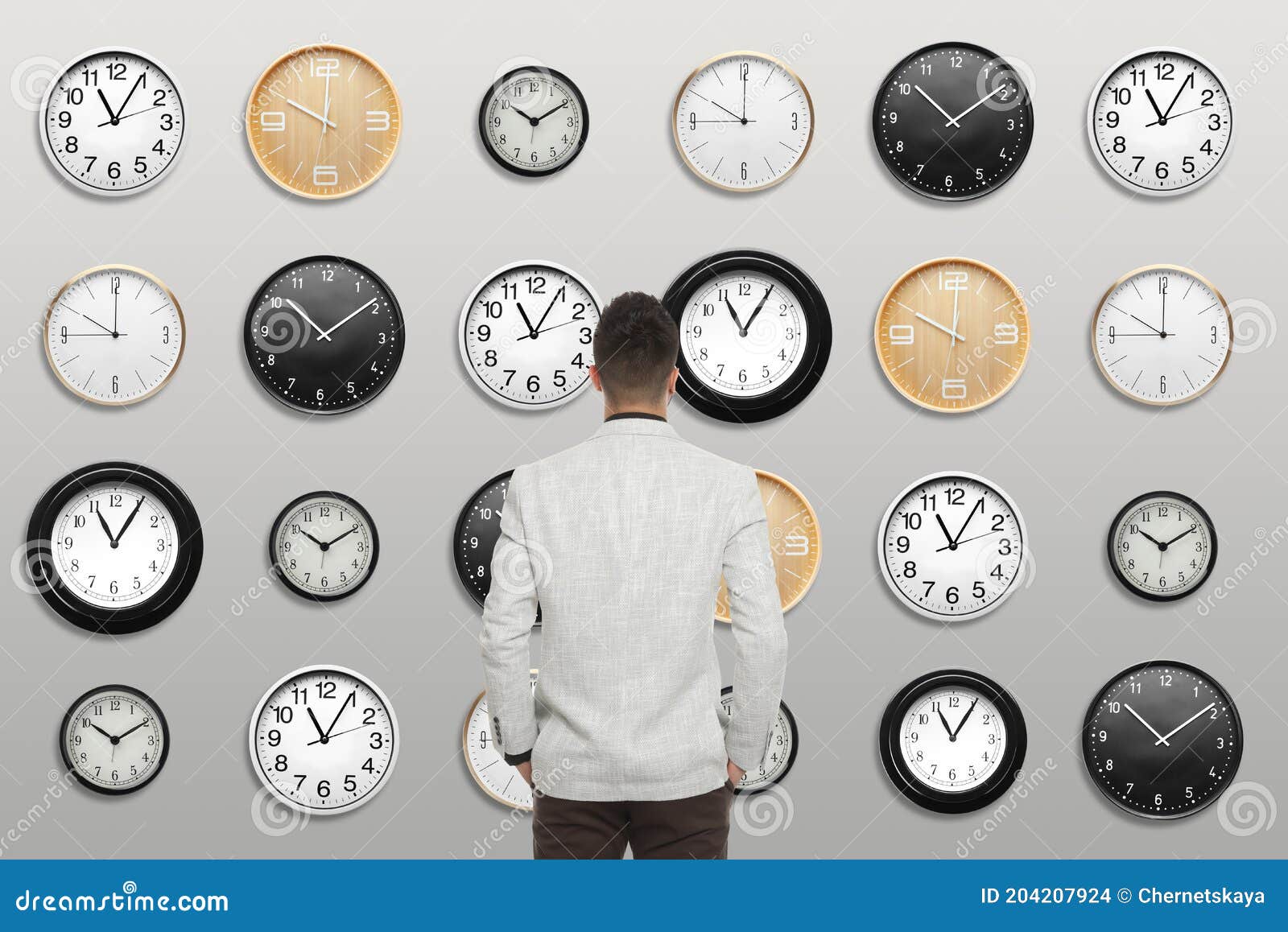 Time Management Concept. Businessman Standing in Front of Different ...