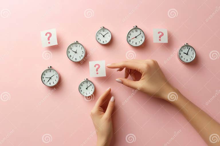 Time Management Concept with Clocks and Question Marks on Pink ...