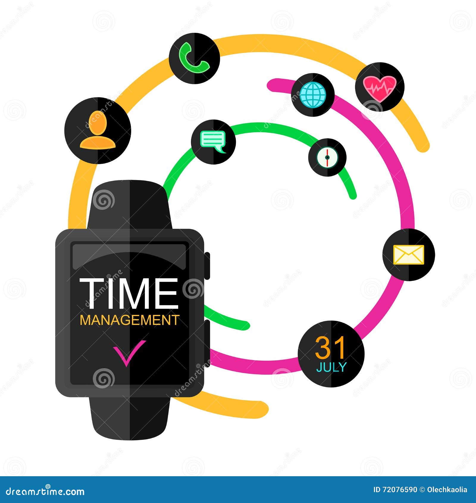 Time Management Concept. Smart Watch with Icons and Buttons. Flat Style ...