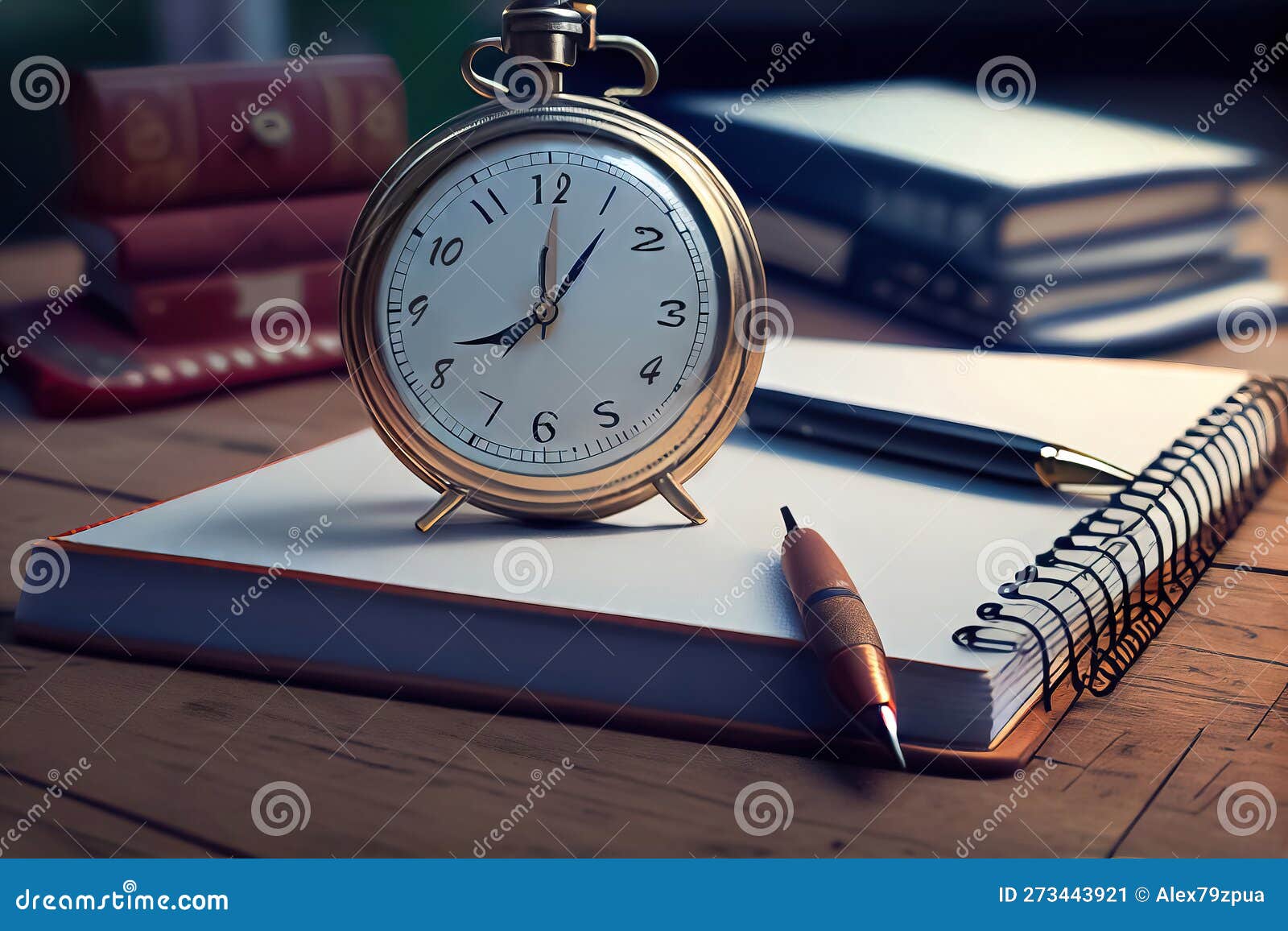 Time Management Essentials: Clock, Pen, and Notebook on Wooden Desk ...