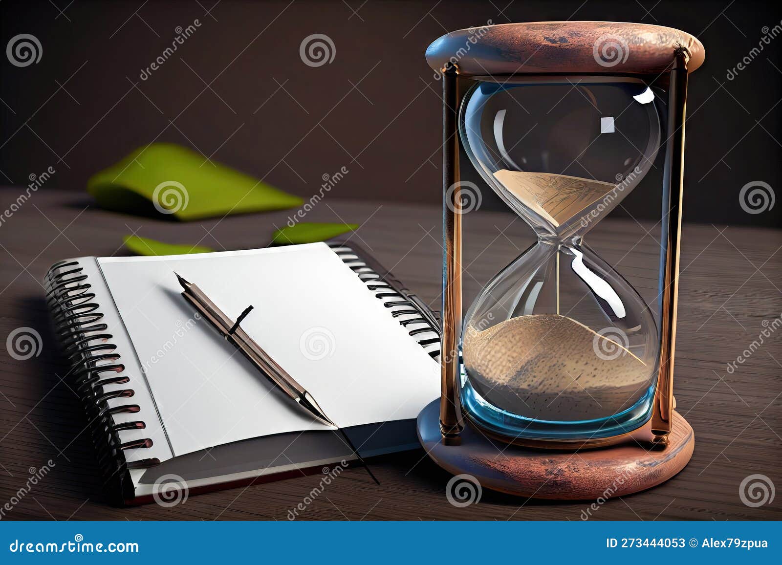 Time Management Essentials - Hourglass, Pen, and Notebook on Table - Generative AI Stock ...
