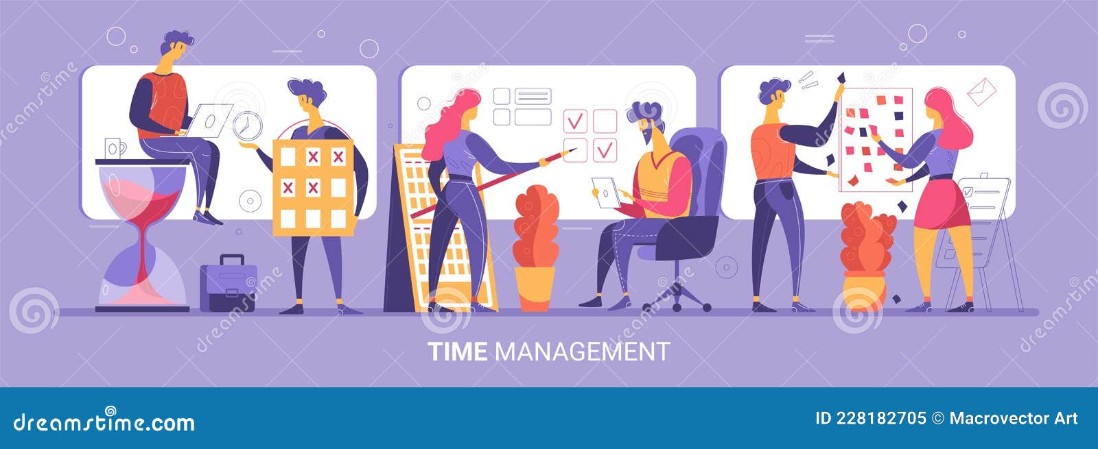 Time Management 3 Flat Compositions with Employees Sitting on Hourglass ...