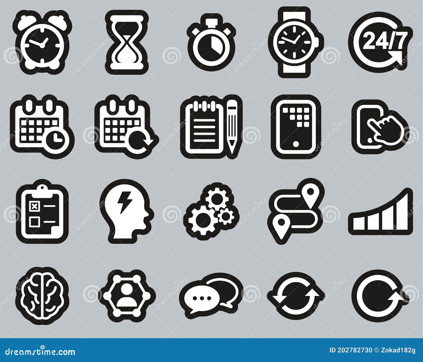 Time Management Icons White on Black Sticker Set Big Stock Vector ...