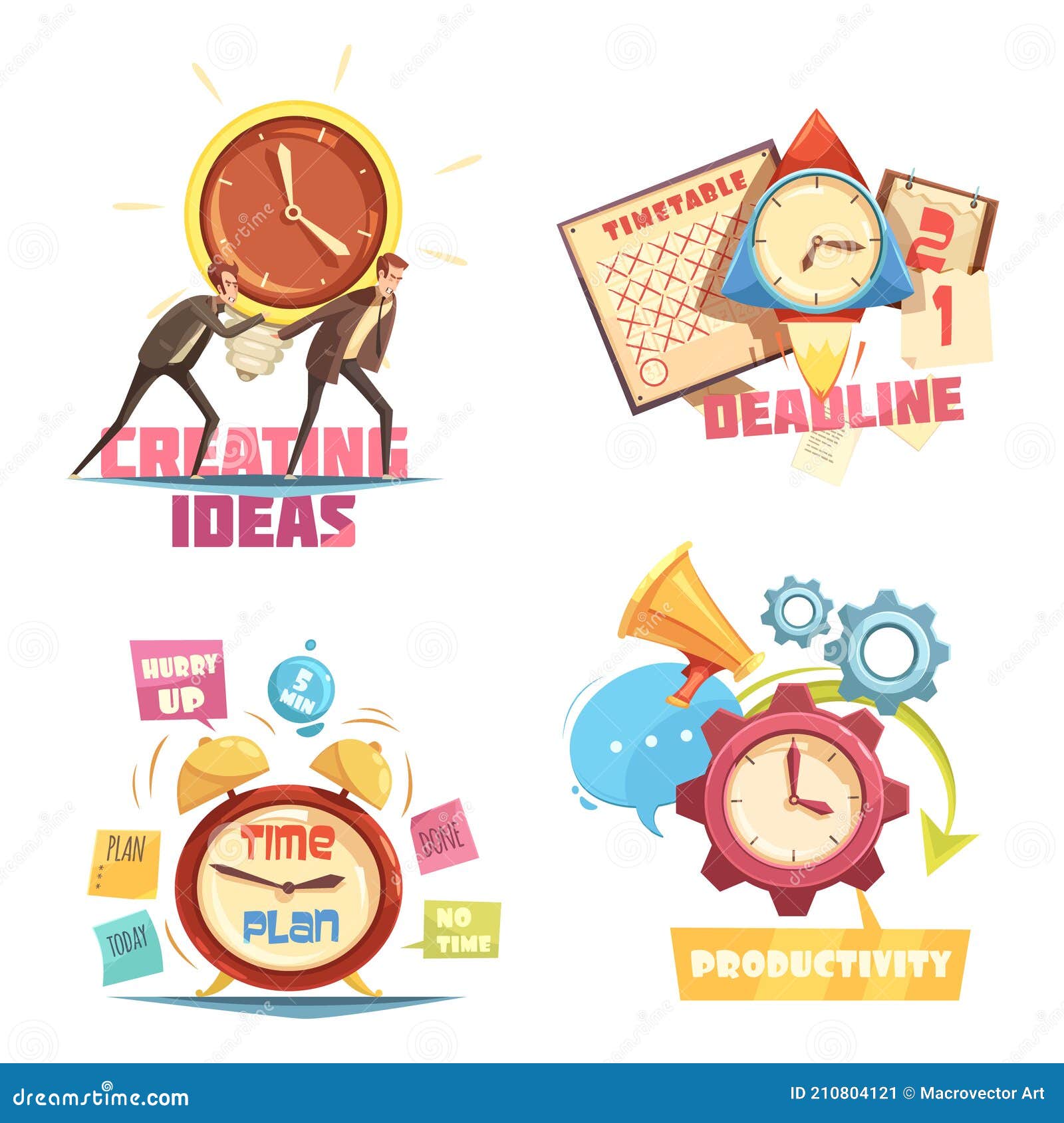 Time Management Retro Cartoon Compositions Stock Vector - Illustration ...