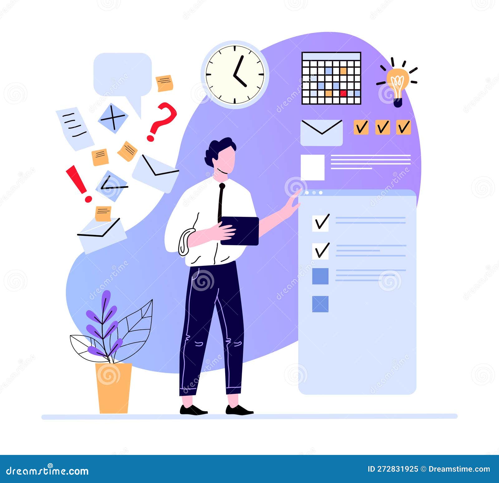 Time Management, Scheduling Work Tasks. Man Creating To Do List, Sending Messages Stock Vector ...