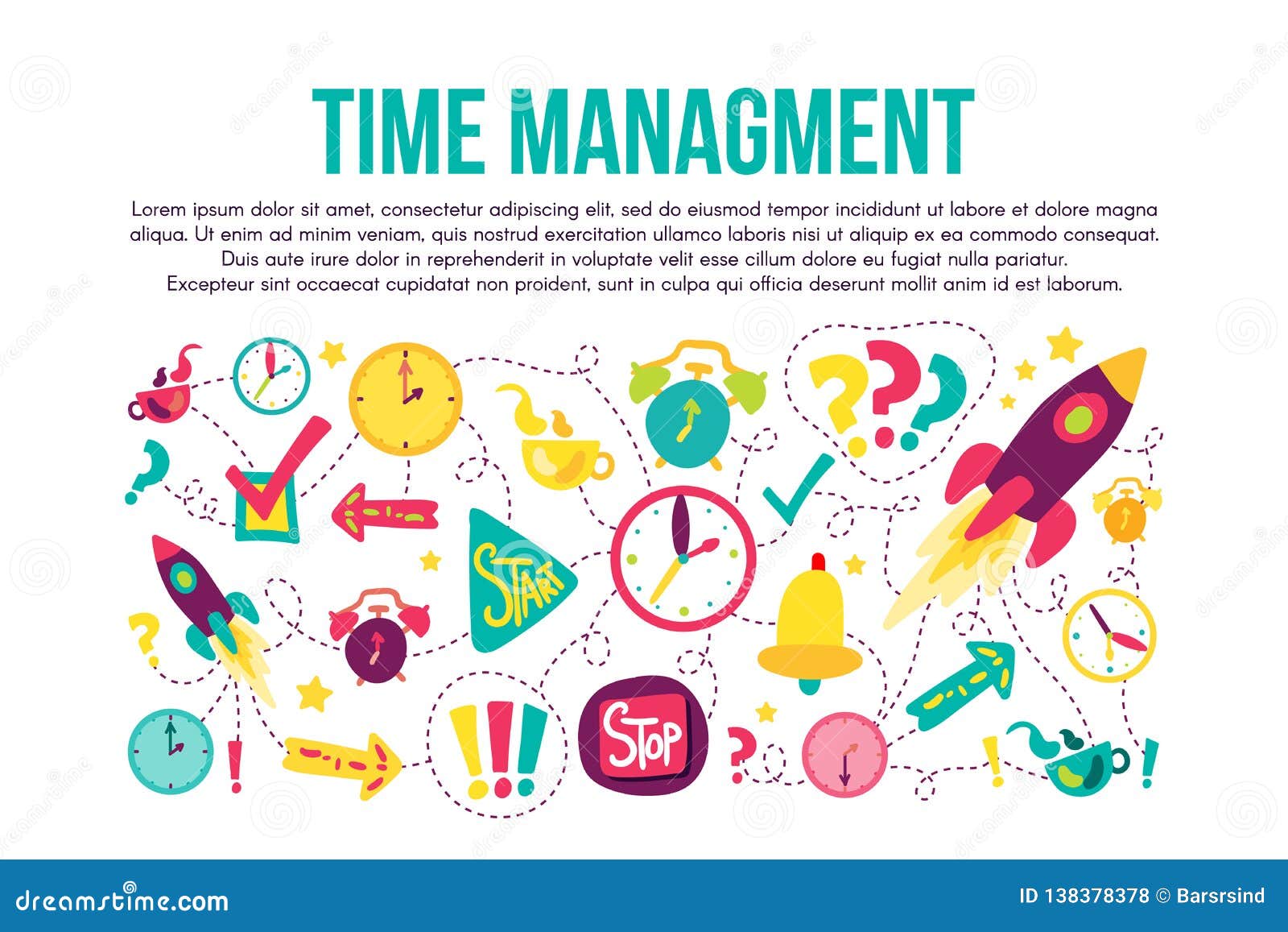Time Management Stitched Frame Flat Illustrations Set Stock ...