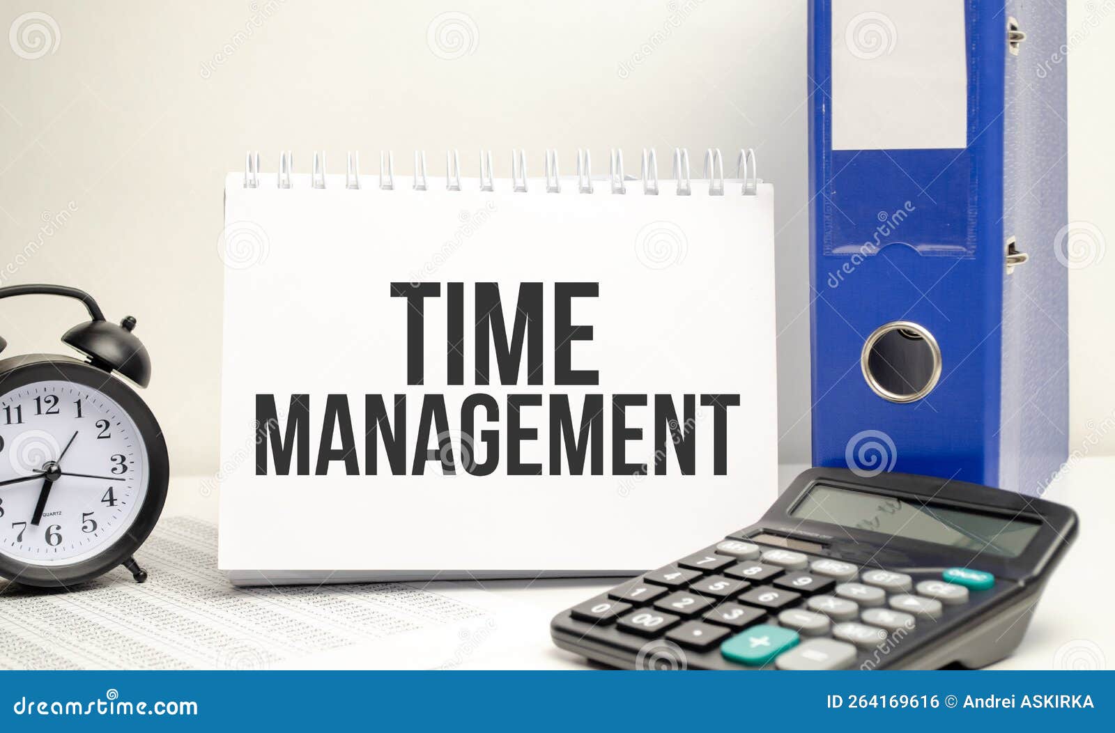 Time Management Words on White Notebook with Clock, Calculator and ...