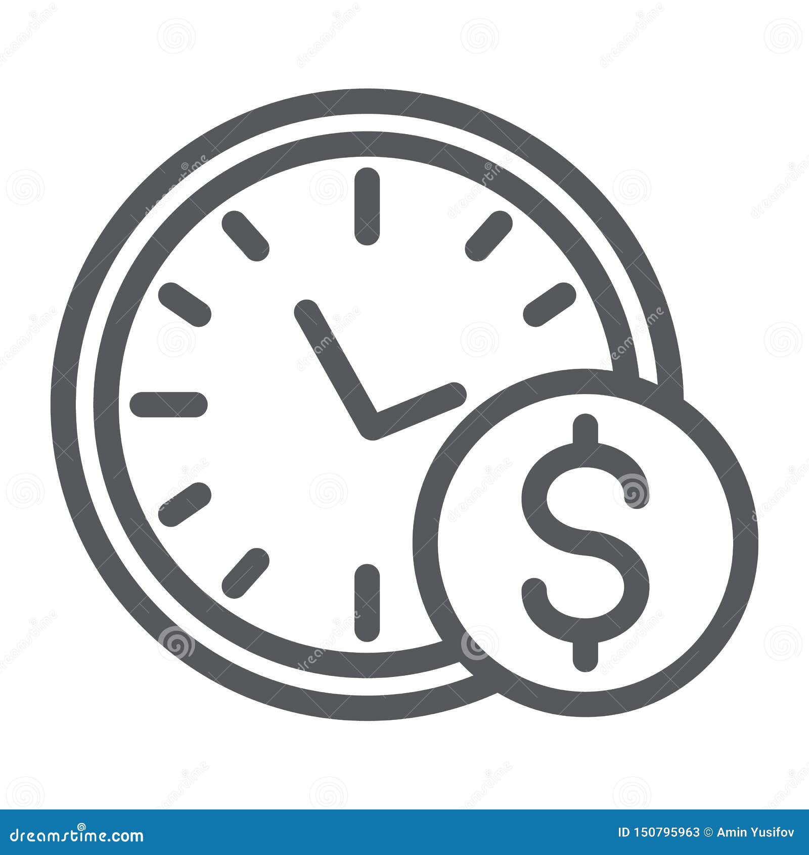 Clock And Dollar Coin On Scales Thin Line Icon. Scale Balance Money And ...