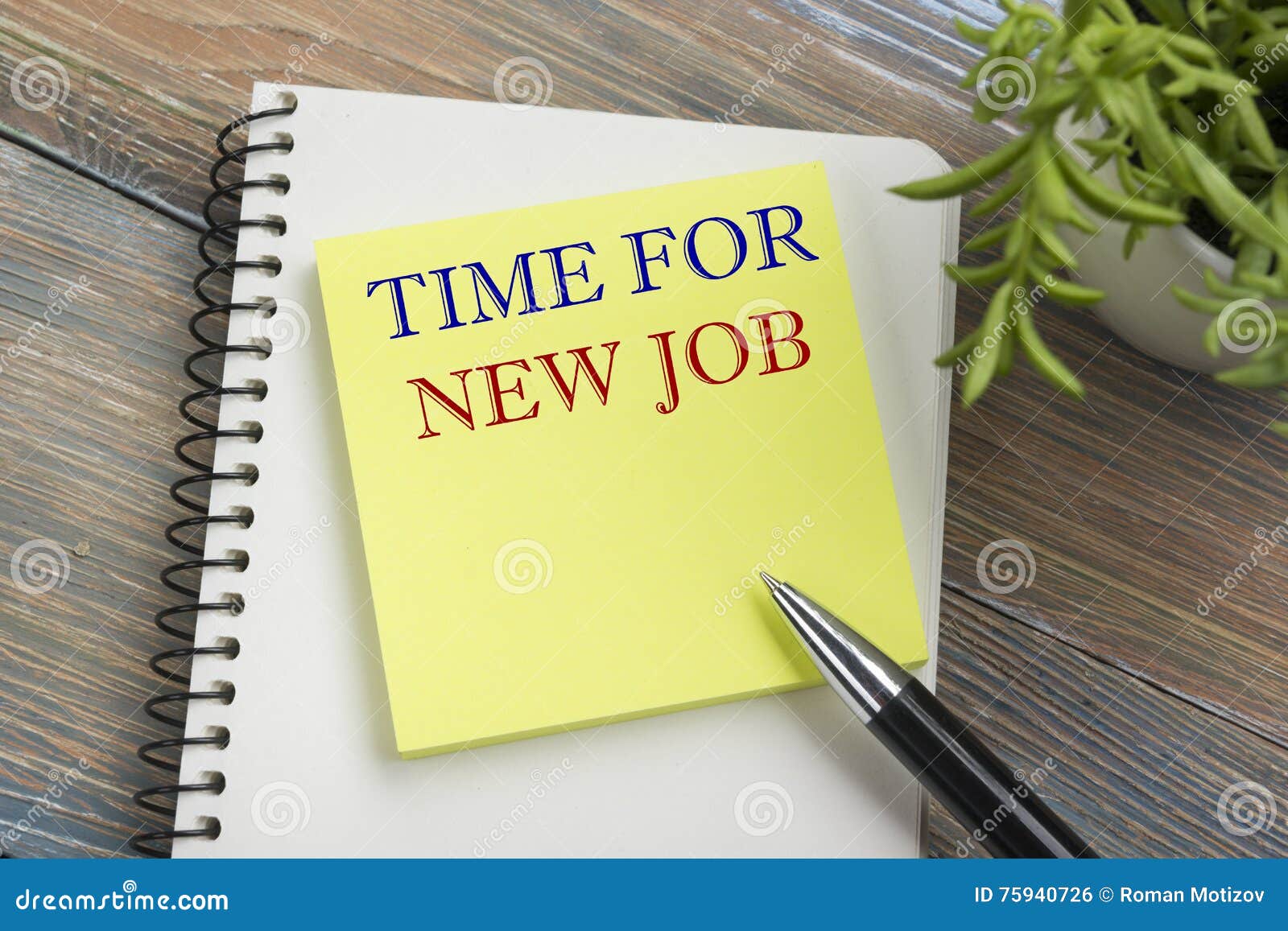 Time for New Job. Office Desk Table with Notepad, Pen and Flower . Top ...