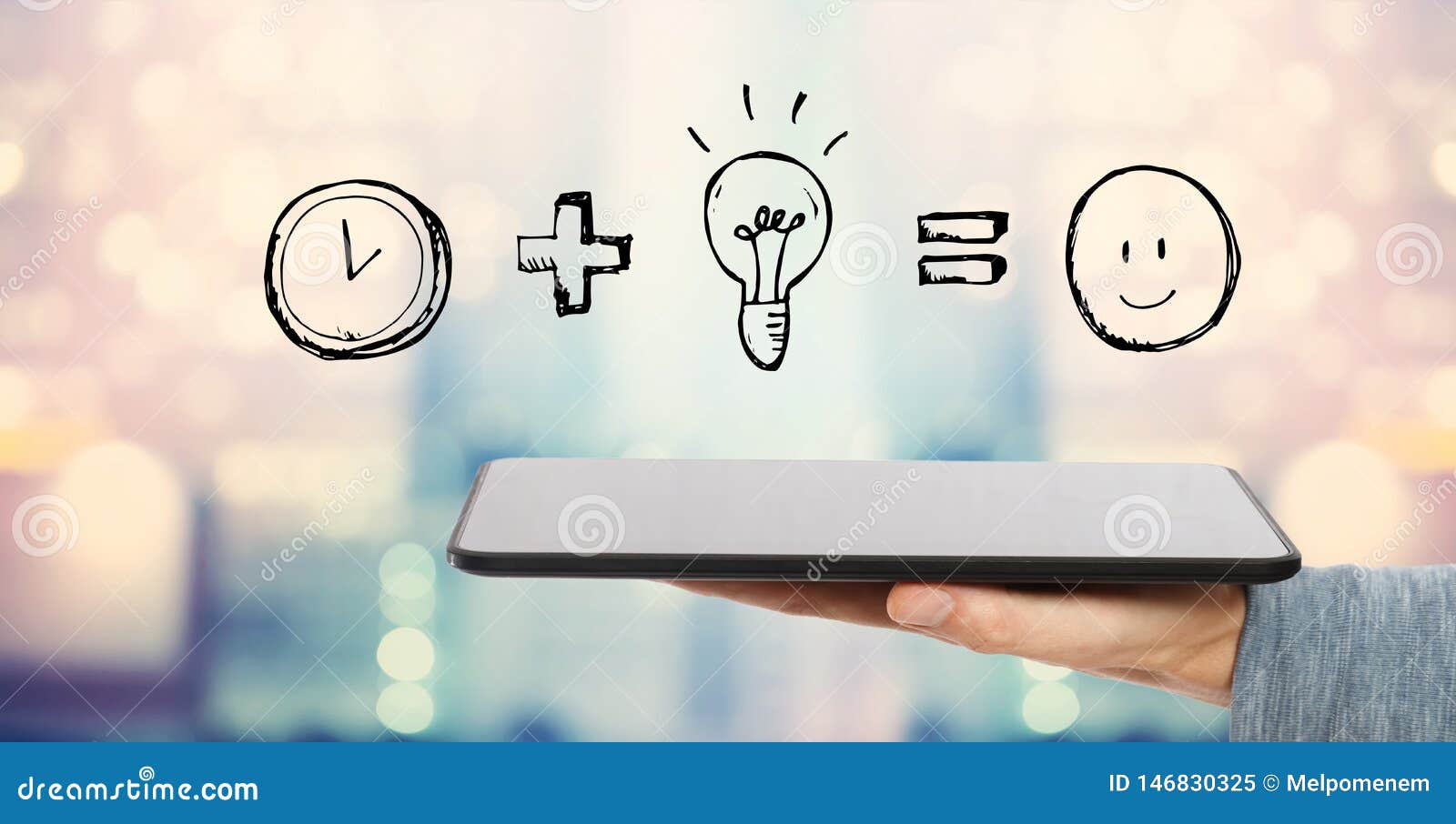 Time Plus Idea Equals Happy with Tablet Computer Stock Illustration ...
